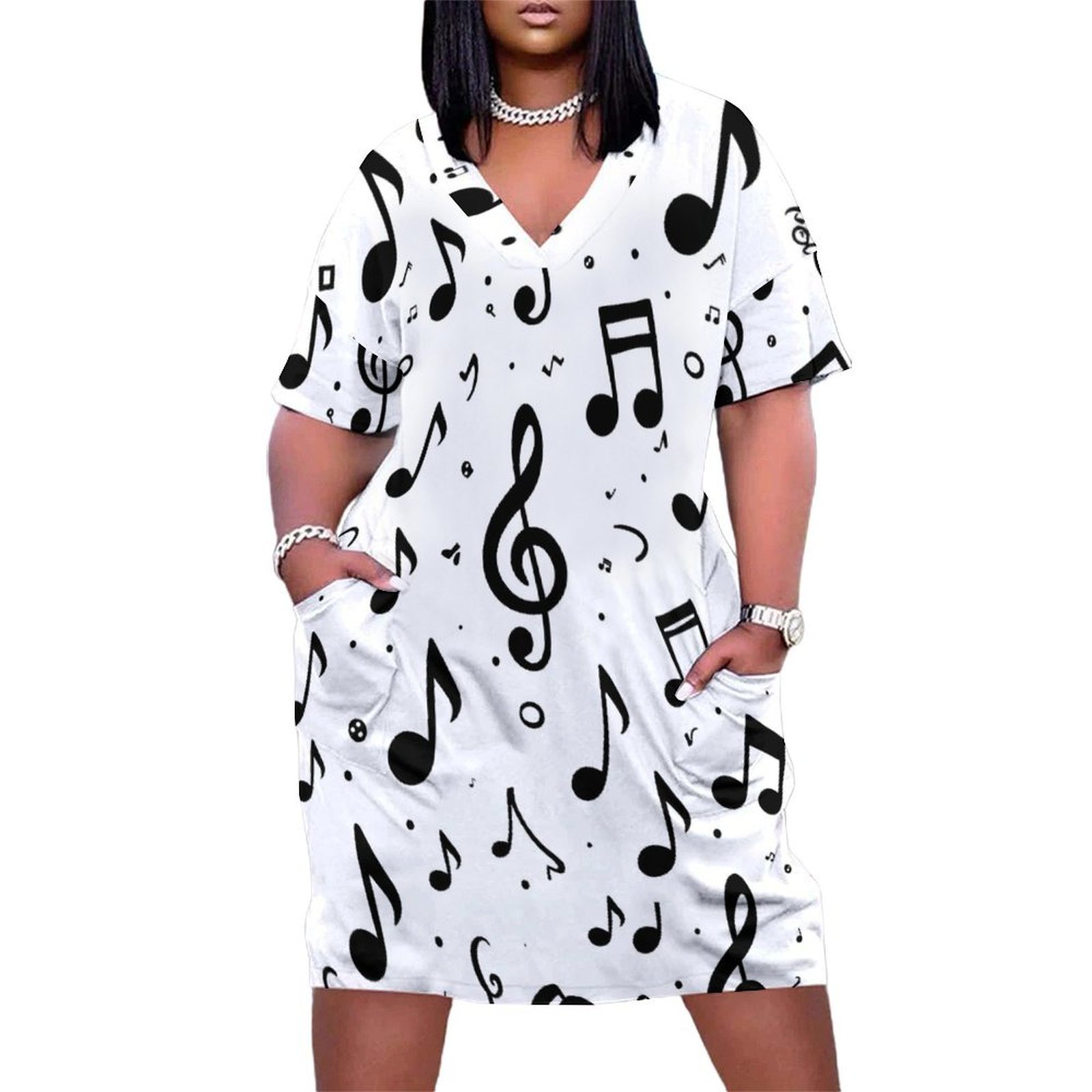 Musical Notes Background Loose Pocket Dress Party Dresses for Women ...