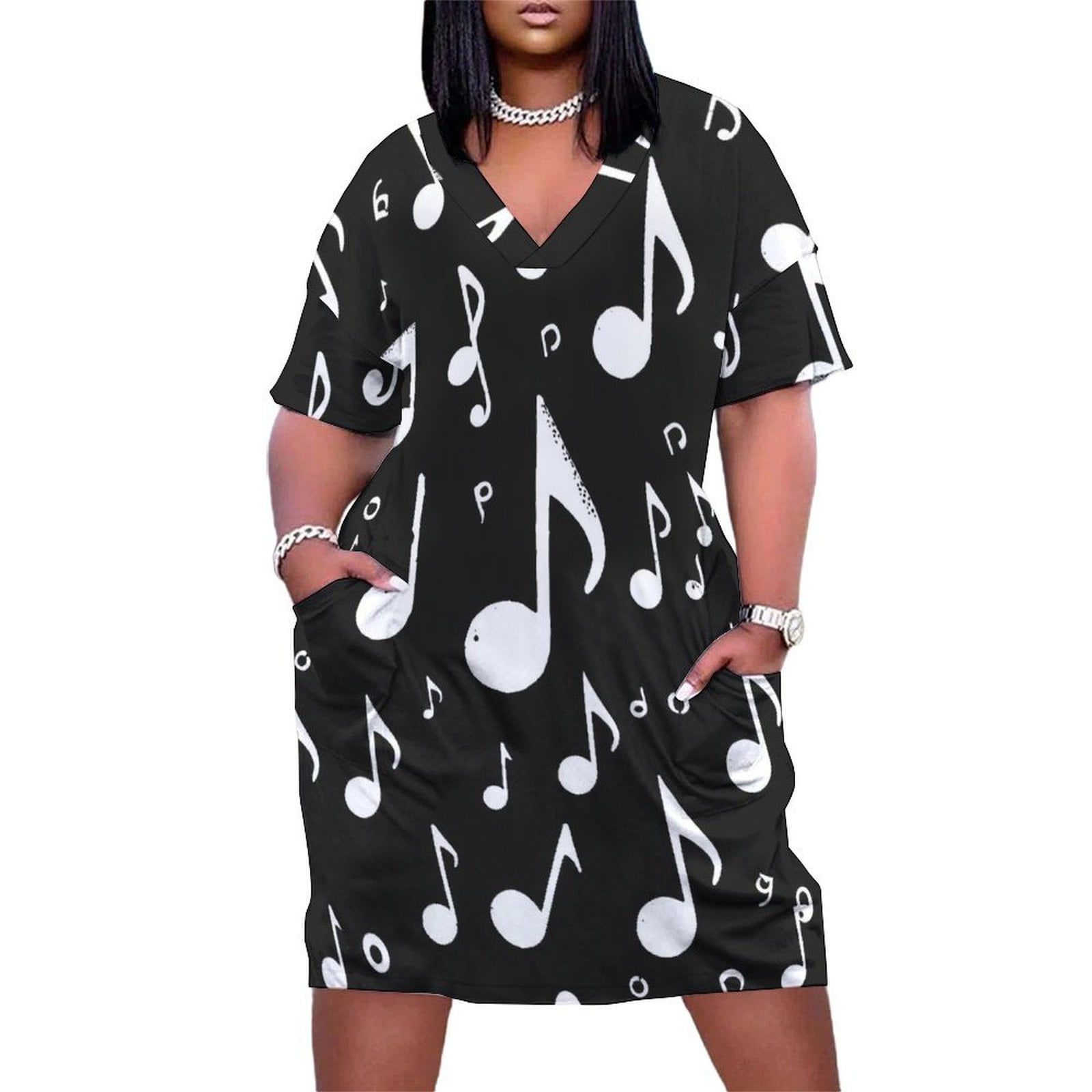 Musical Notes Background Loose Pocket Dress Party Dresses for Women ...