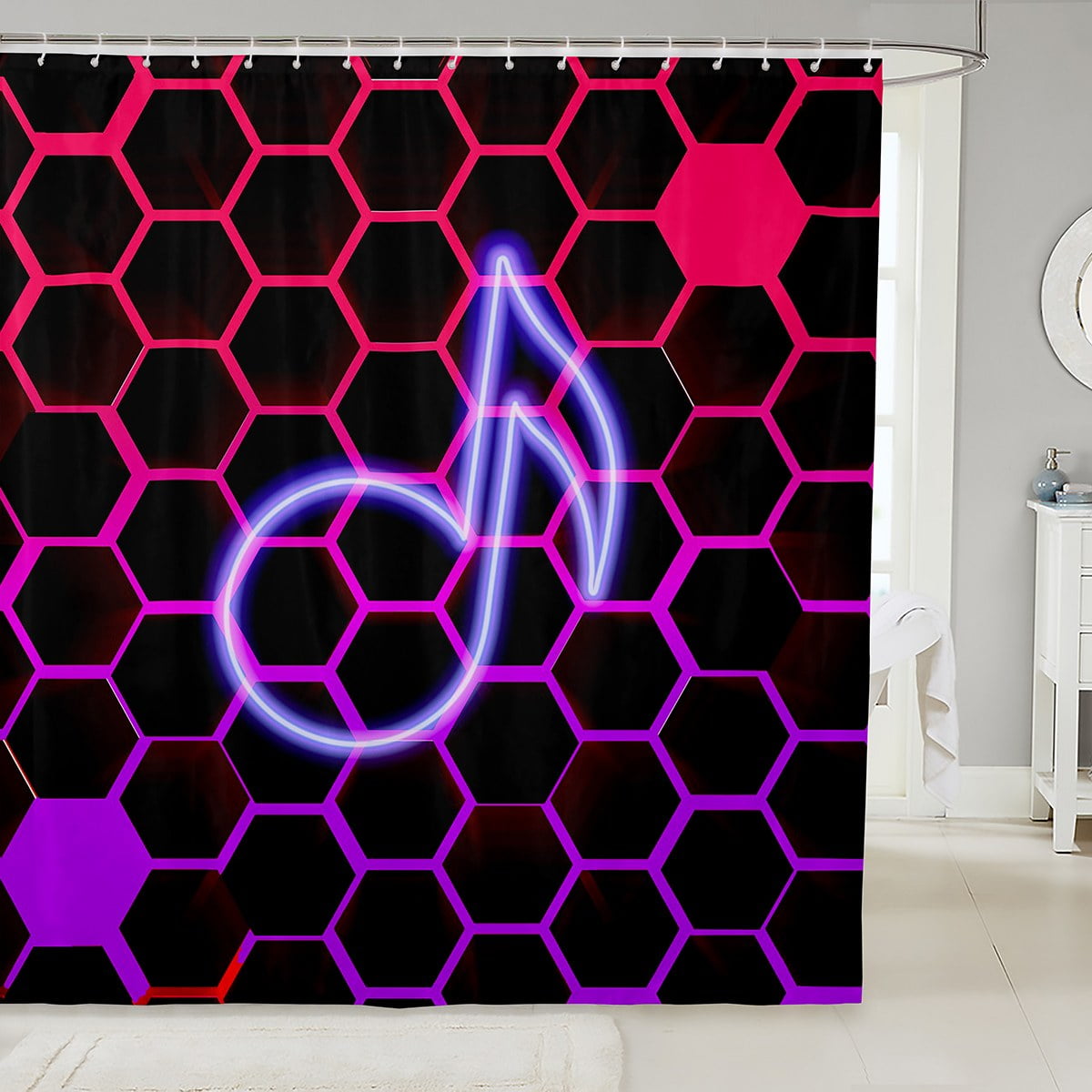 Musical Notes Bathroom Curtain Black Purple Bath Curtain, Neon Gradient ...
