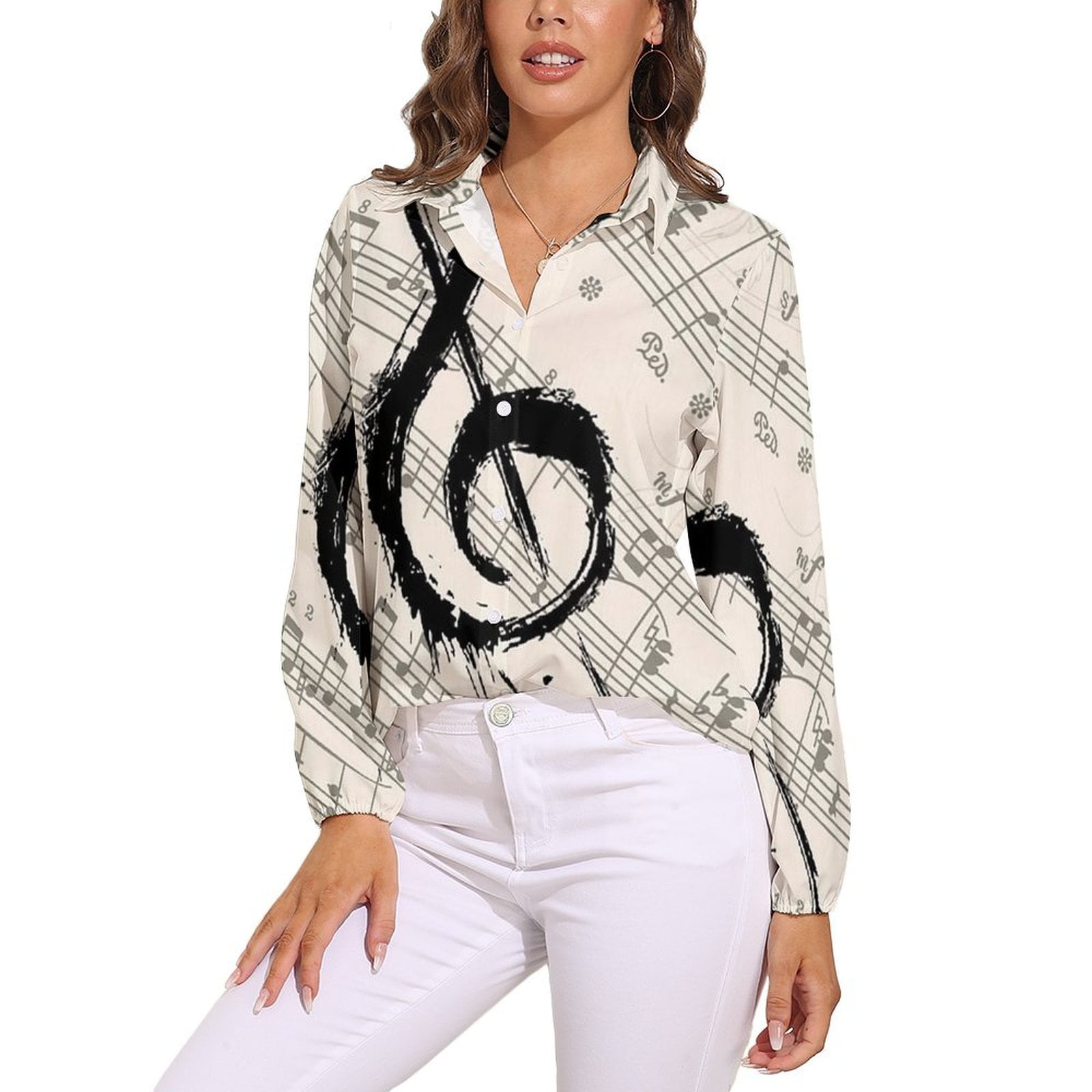 Musical Notes Long Sleeve Blouse Woman Streetwear Casual Shirts Summer ...