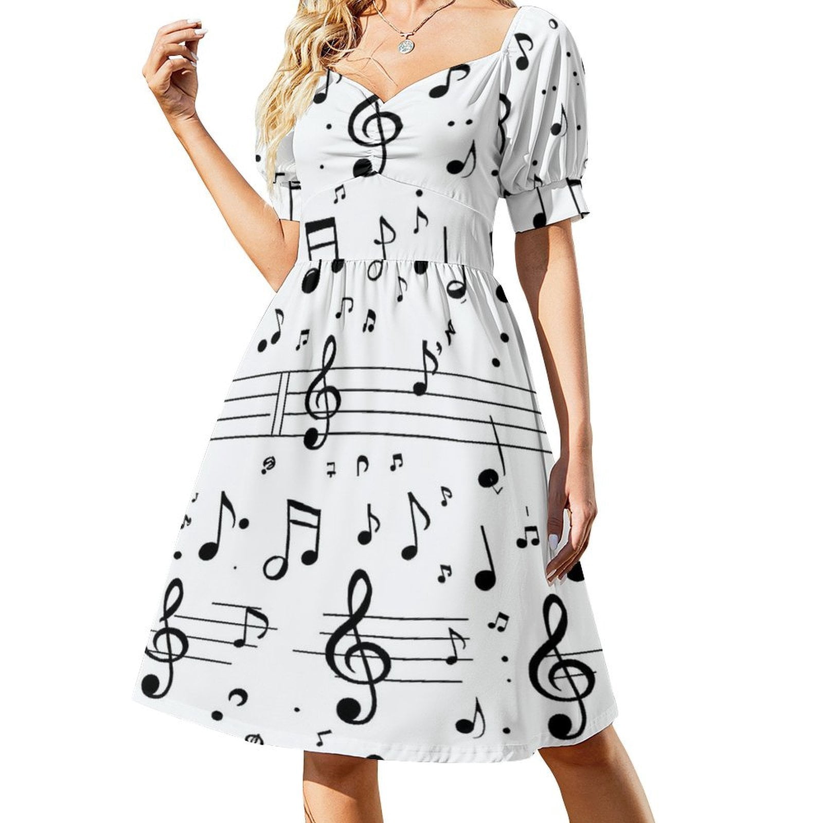 Musical Notes Pattern Short Sleeved Dress Bridesmaid Dress Woman Party ...