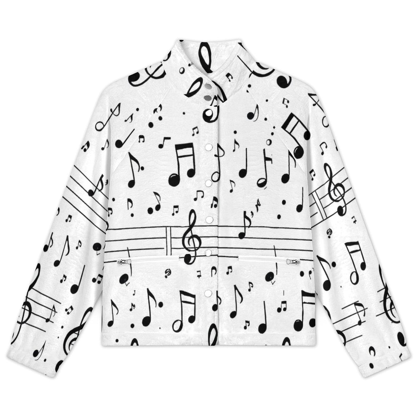 Musical Notes Pattern Warm Women's Plush Jacket Stand Collar Full ...