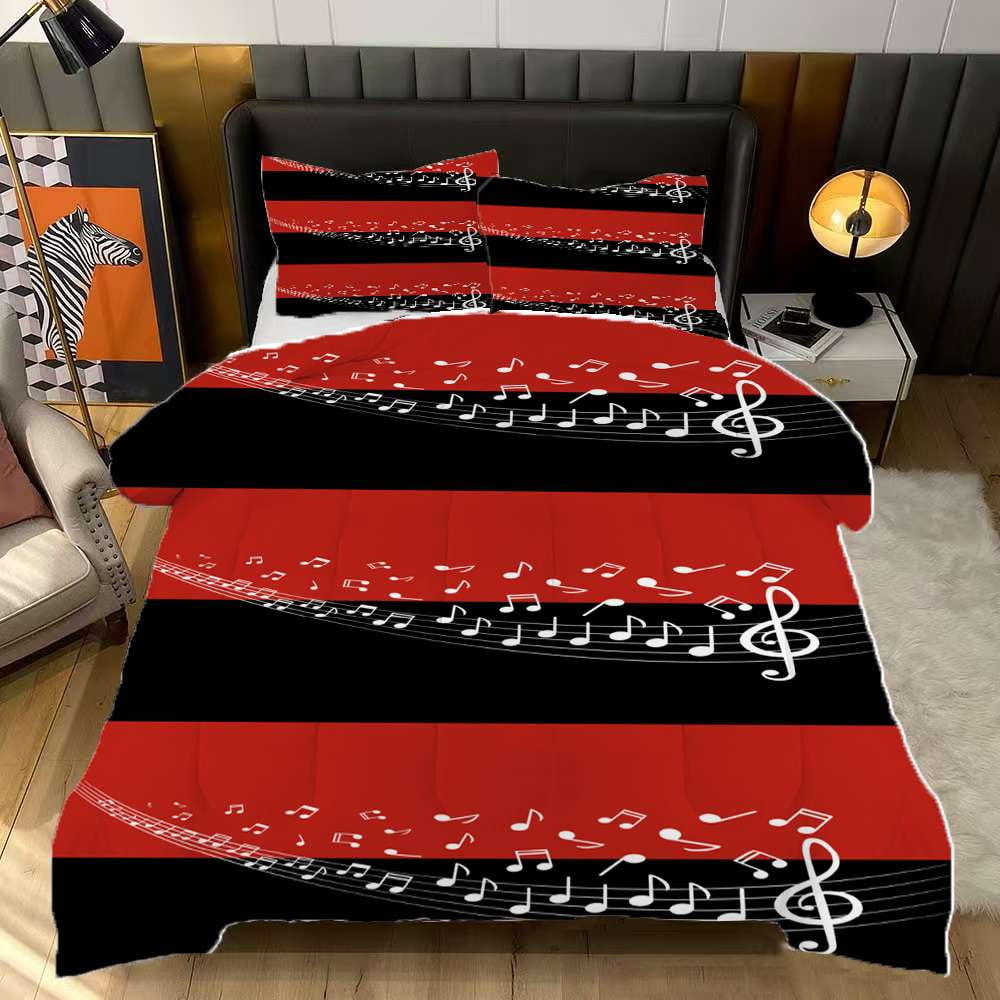 Musical Notes Red And Black Background Comforter Set King Size Bedding ...