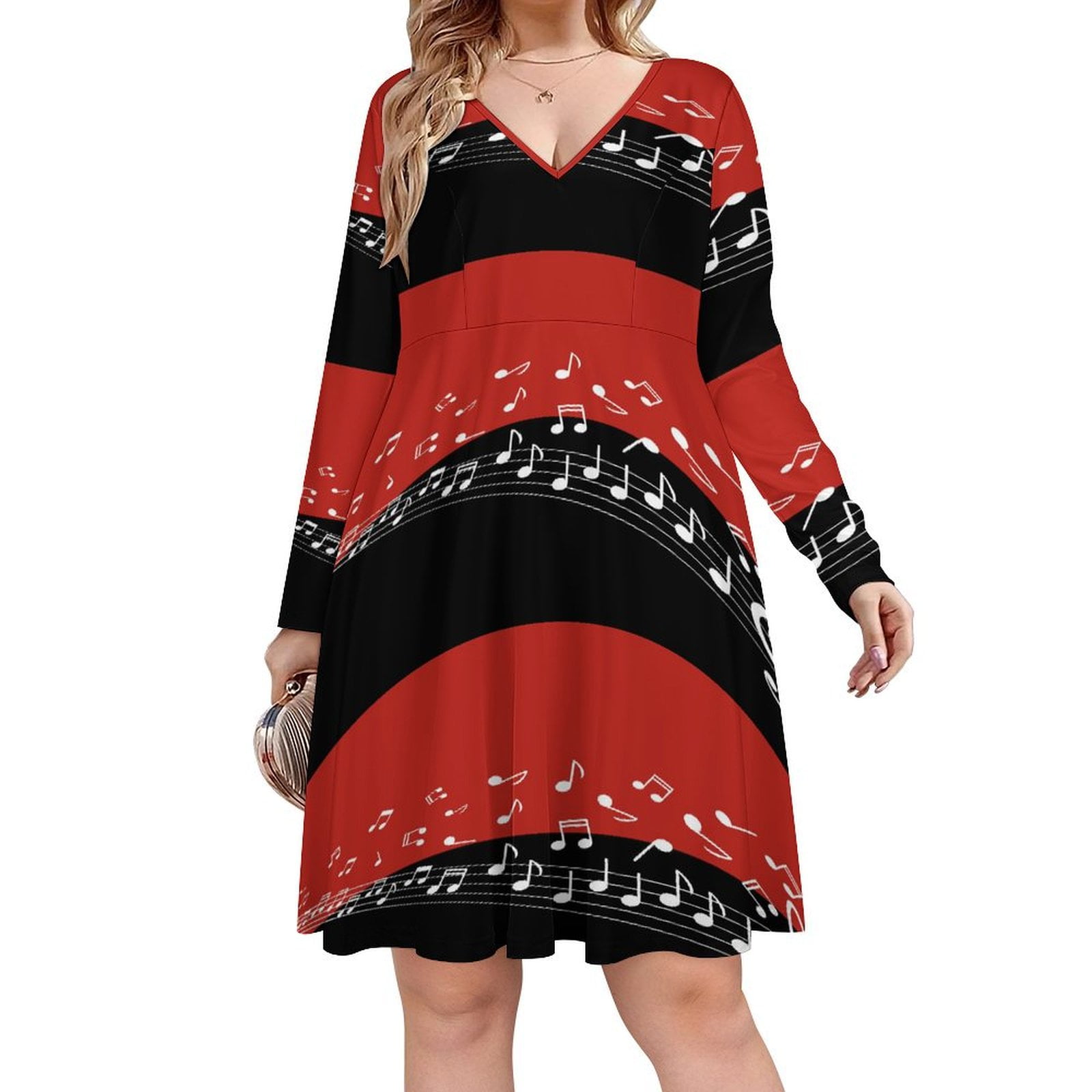 Musical Notes Red And Black Background Long Sleeve Sexy Dresses For ...