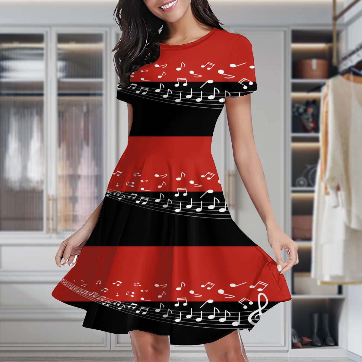Musical Notes Red And Black Background Women's Classic Swing Skater ...