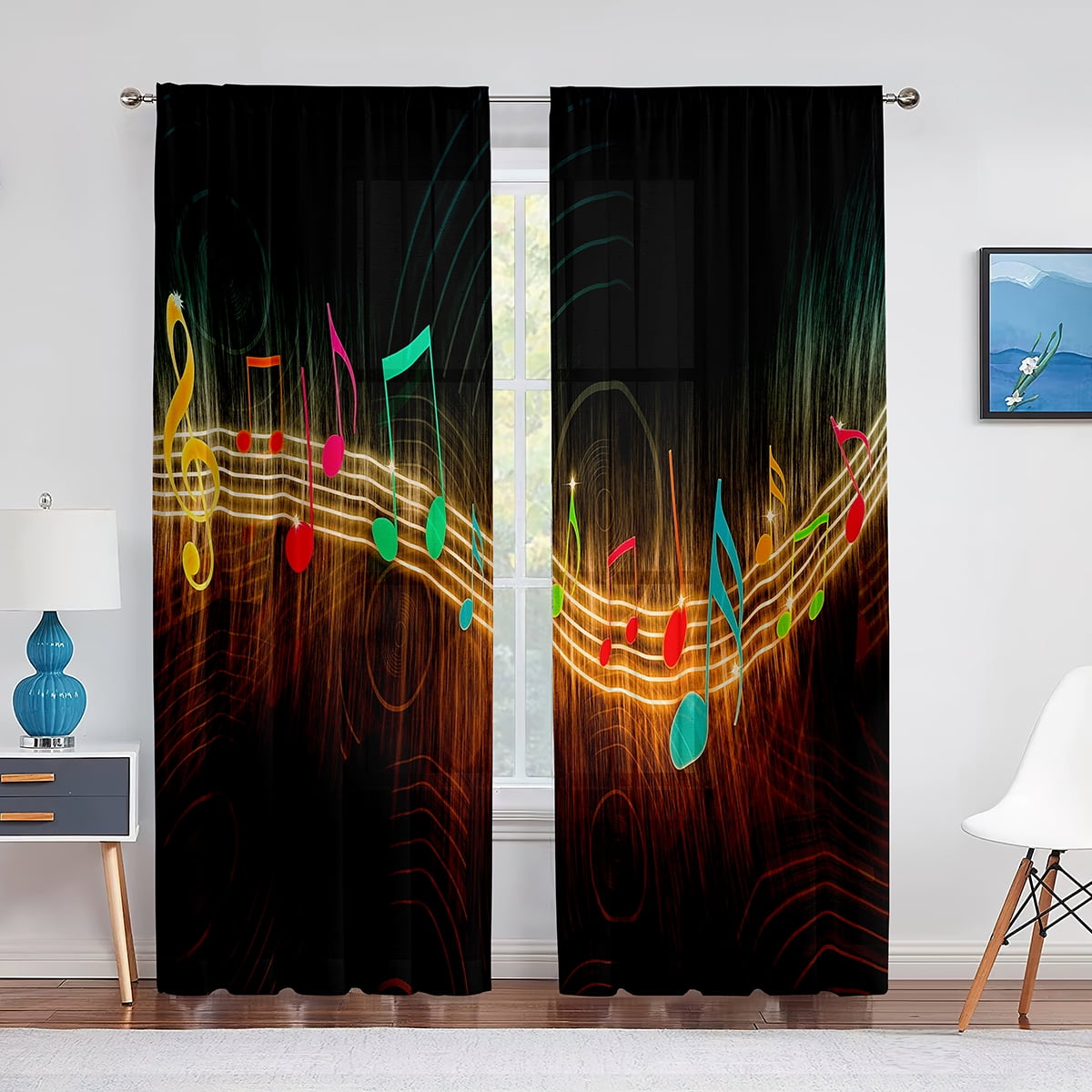 Musical Notes Rhythm Butterfly Vibrant Colors Art Sheer Curtains for ...