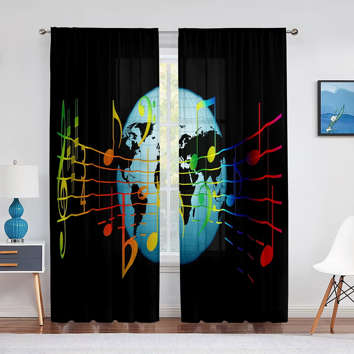 Musical Notes Rhythm Butterfly Vibrant Colors Art Sheer Curtains for ...