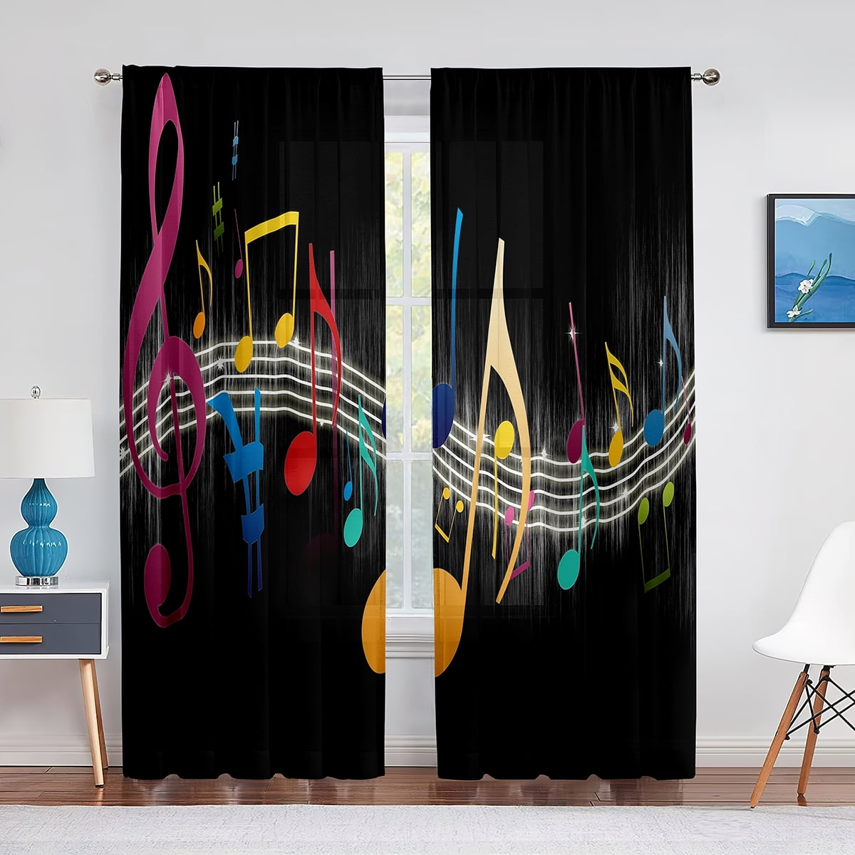 Musical Notes Rhythm Butterfly Vibrant Colors Art Sheer Curtains for ...