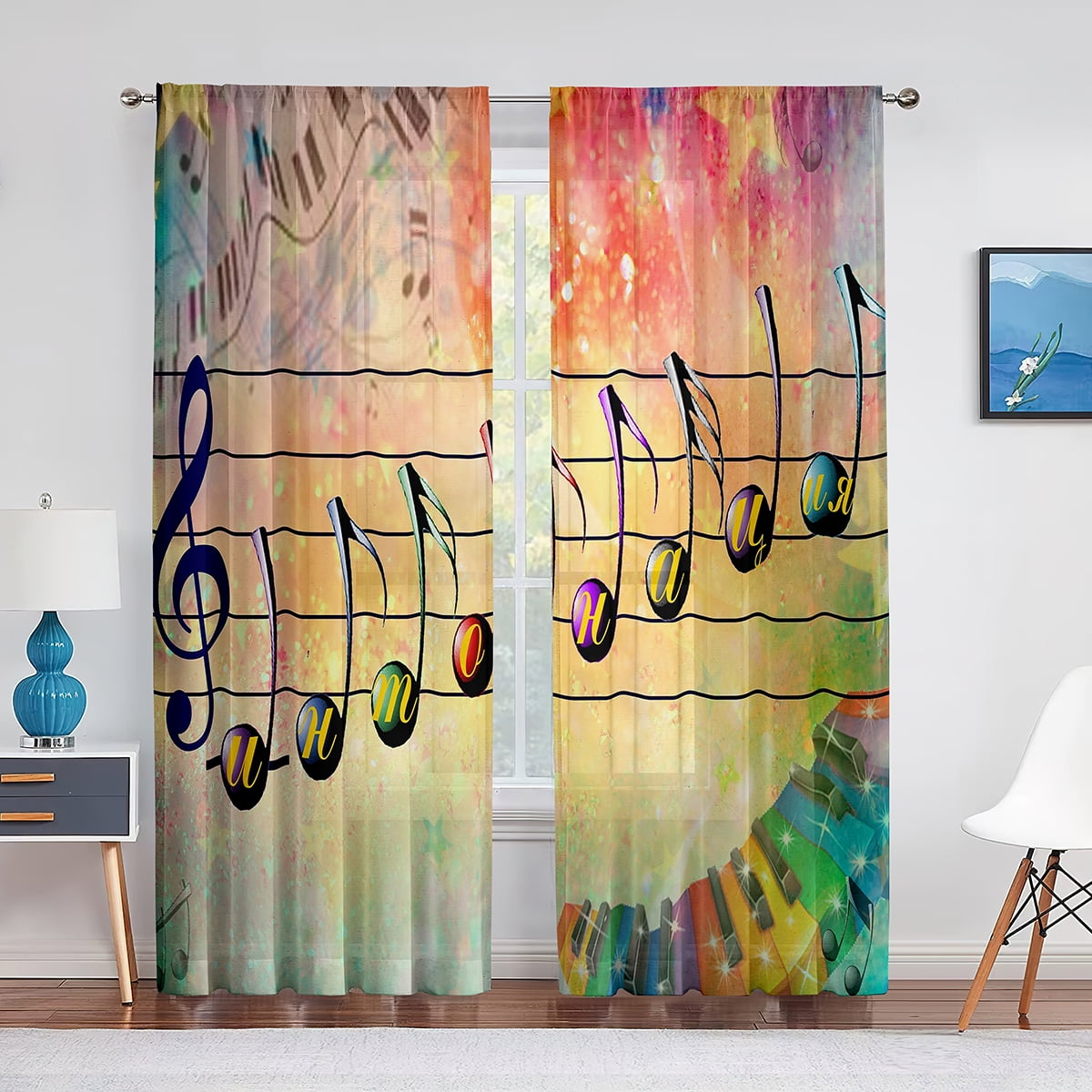 Musical Notes Rhythm Butterfly Vibrant Colors Art Sheer Curtains for ...