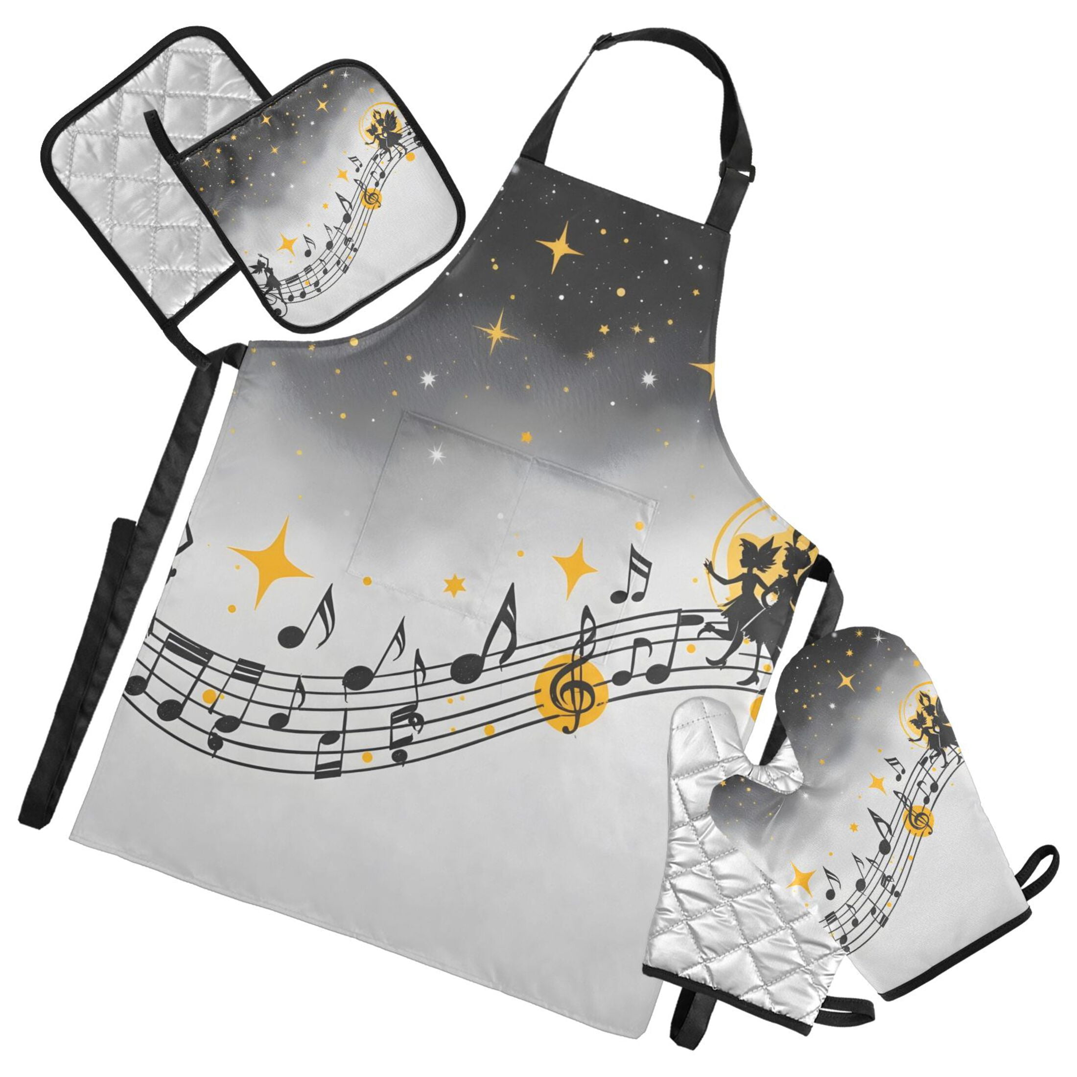 Musical Notes Stars Fairies on Stave Apron Set with Oven Mitts Pot ...