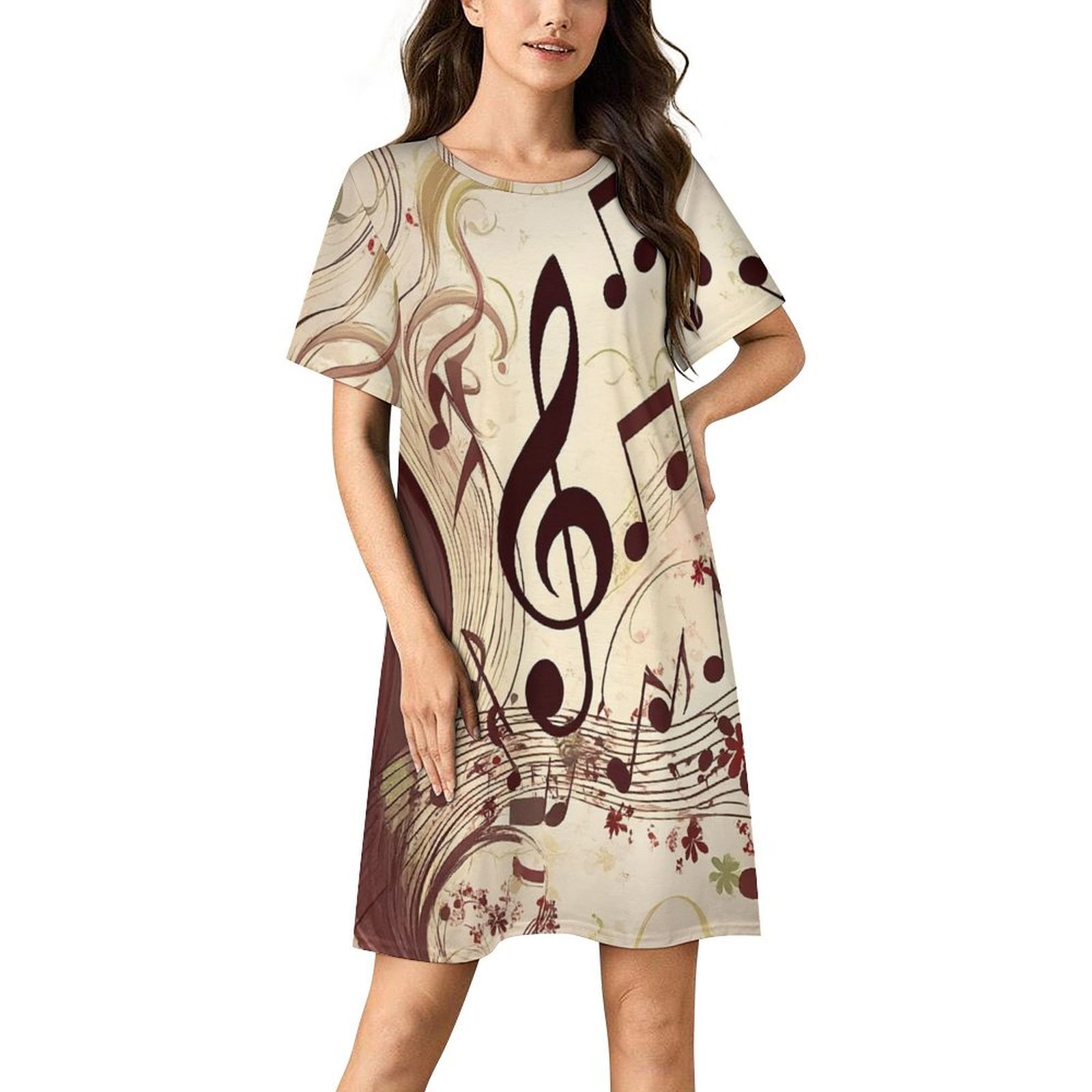 Musical Notes Swirling Art Women Nightgown Sleepwear Short Sleeves For ...