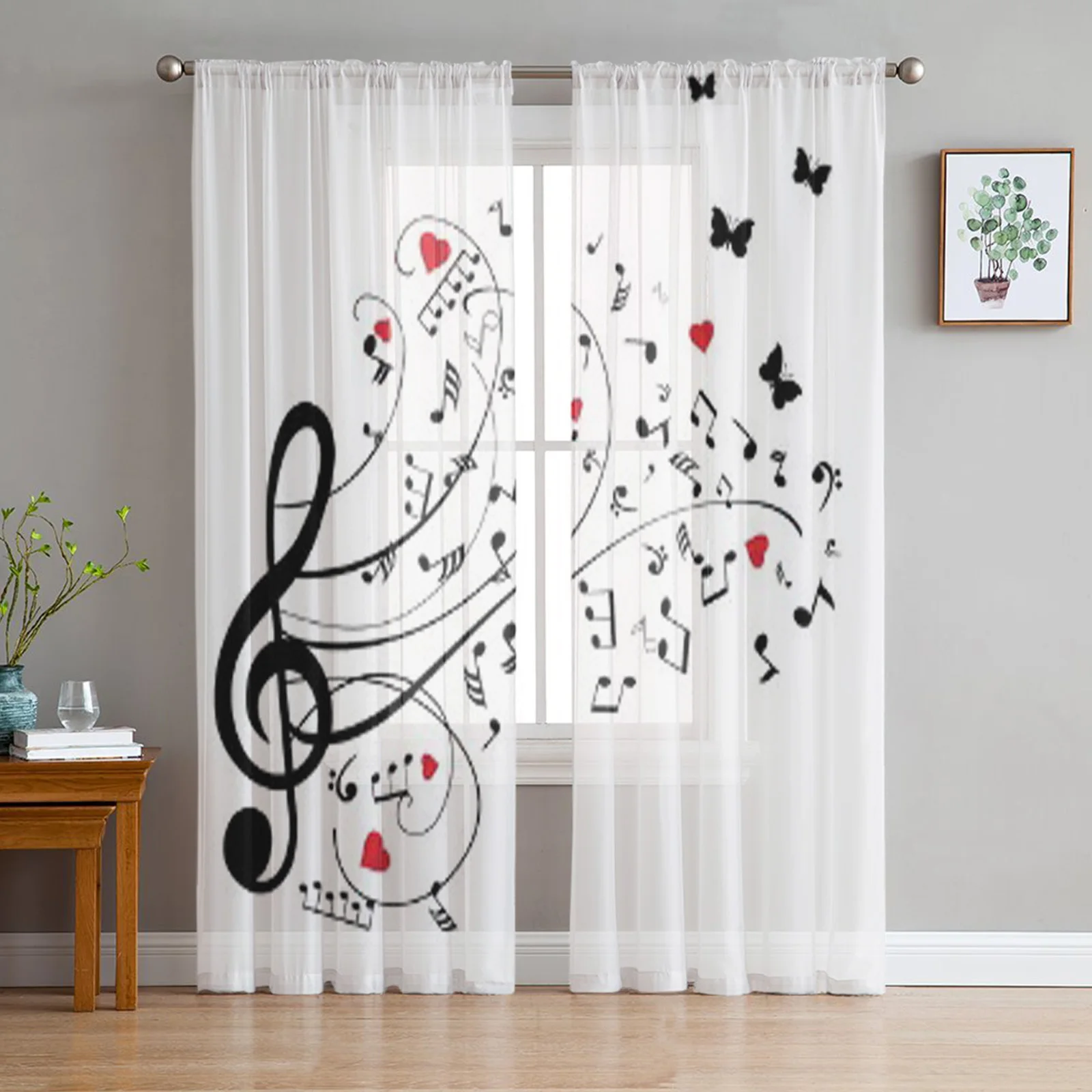 Musical Notes With Red Hearts Sheer Curtains For Living Room Kids ...