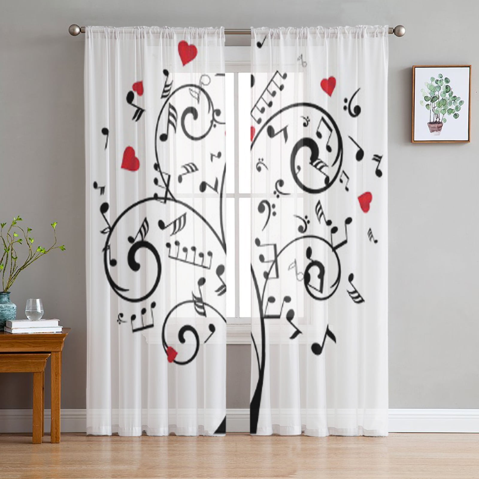 Musical Notes With Red Hearts Sheer Curtains For Living Room Kids ...