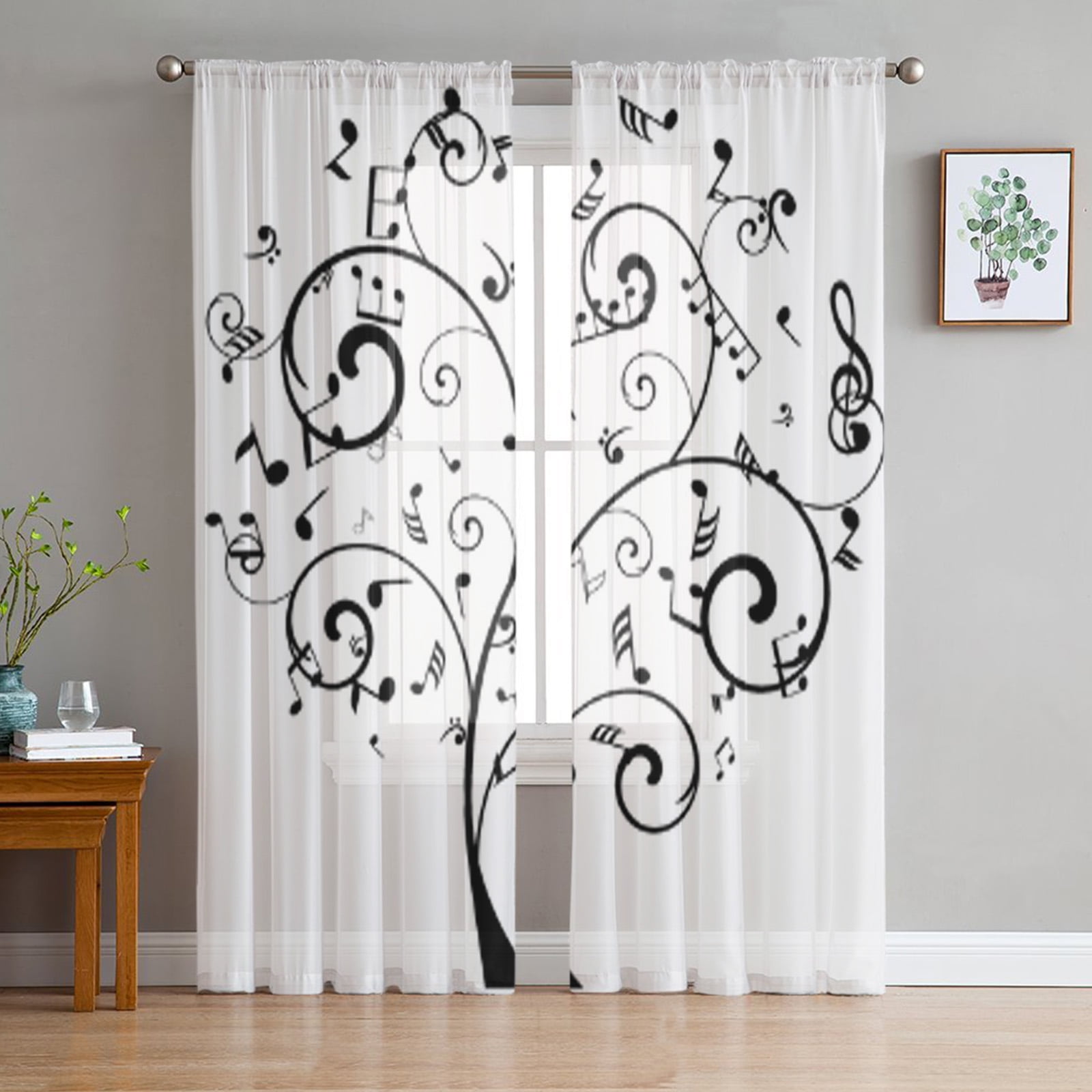 Musical Notes With Red Hearts Sheer Curtains For Living Room Kids ...