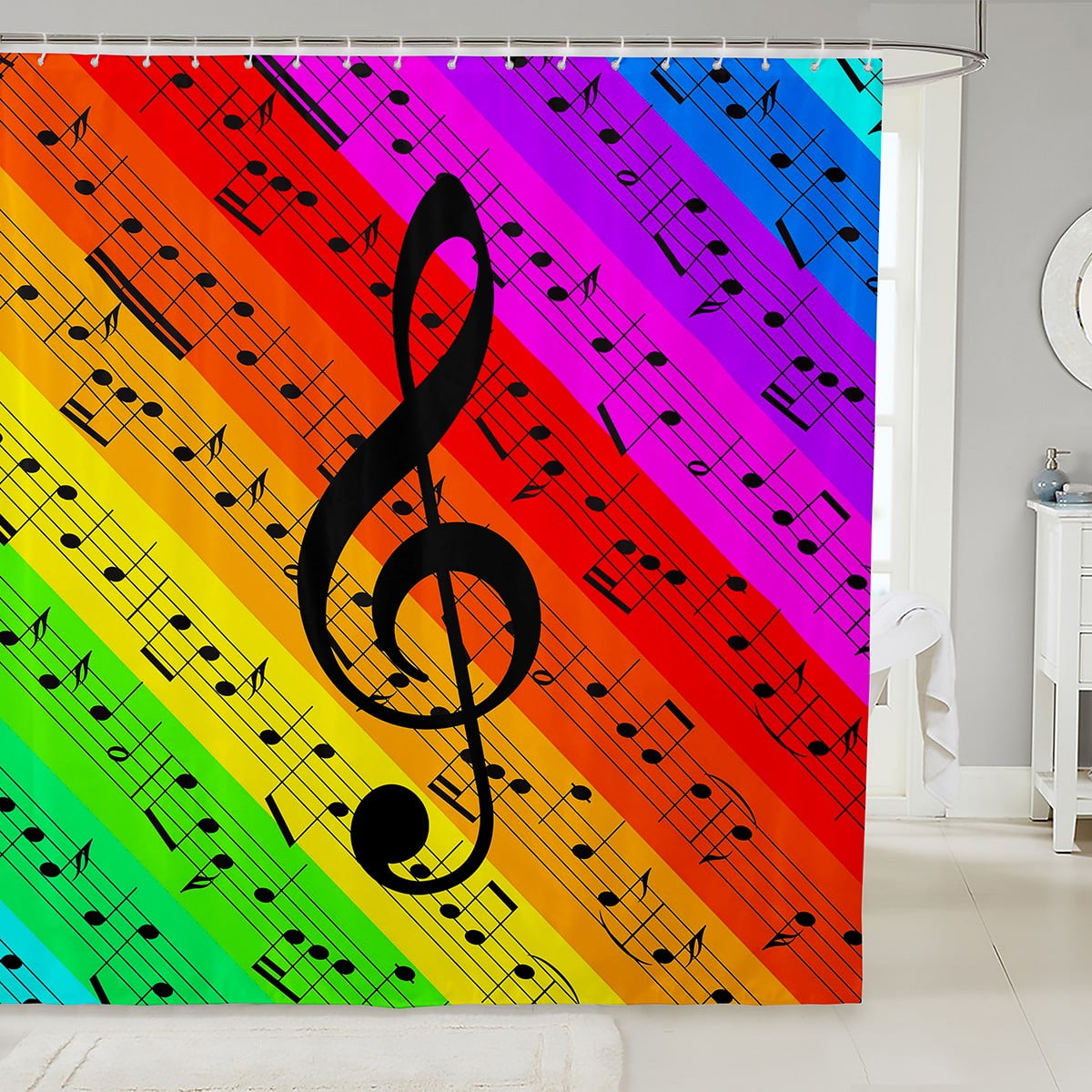 Musical Theme Bath Curtain Treble Clef Shower Curtain, Rainbow Striped ...