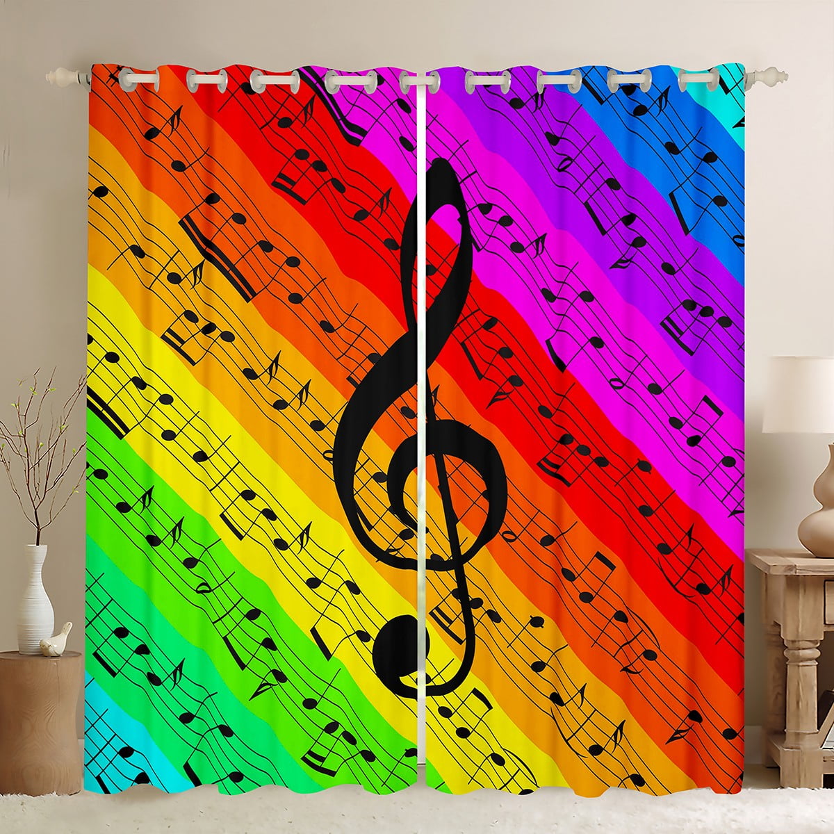 Musical Theme Curtains & Drapes Treble Clef Curtains, Rainbow Striped ...