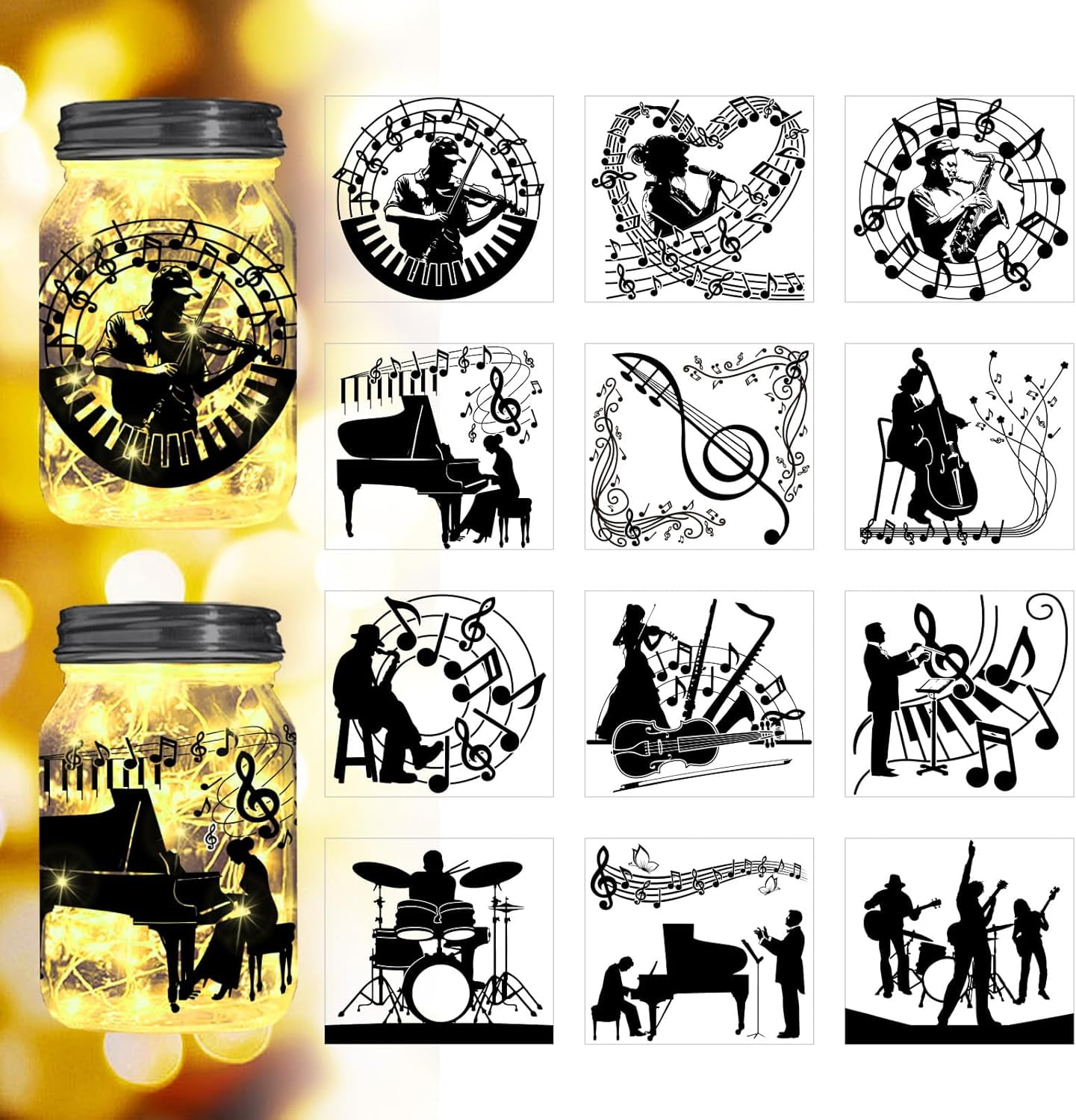 Musician with Instruments Silhouette Cutouts for Jars Mason Can Glass ...