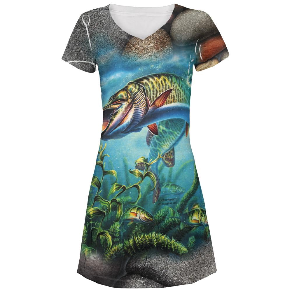 Muskie Fishing All Over Juniors V-Neck Dress - Walmart.com