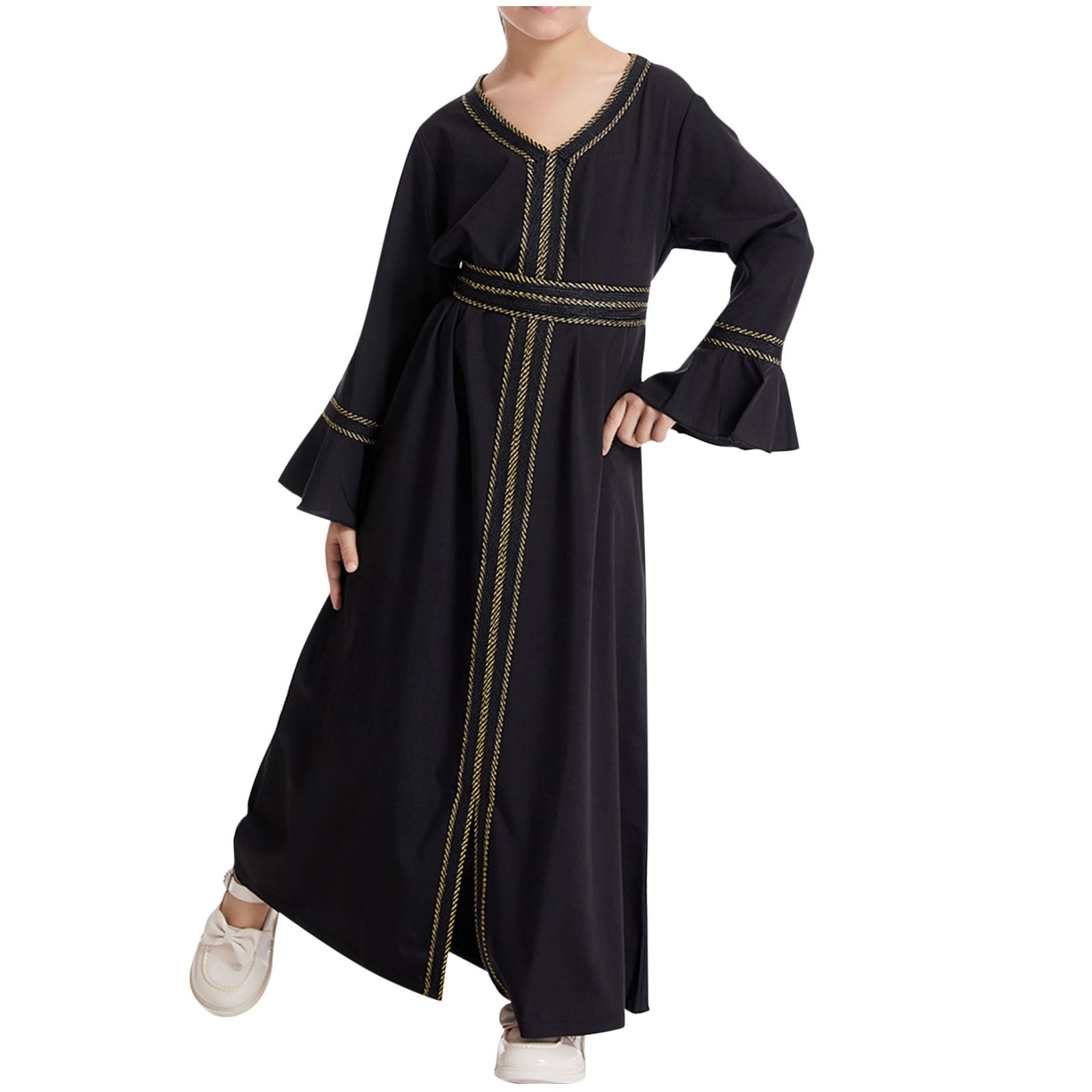 Muslim Girls Abaya Maxi Dresses Long Sleeve Loose Ramadan Dress Cotton ...