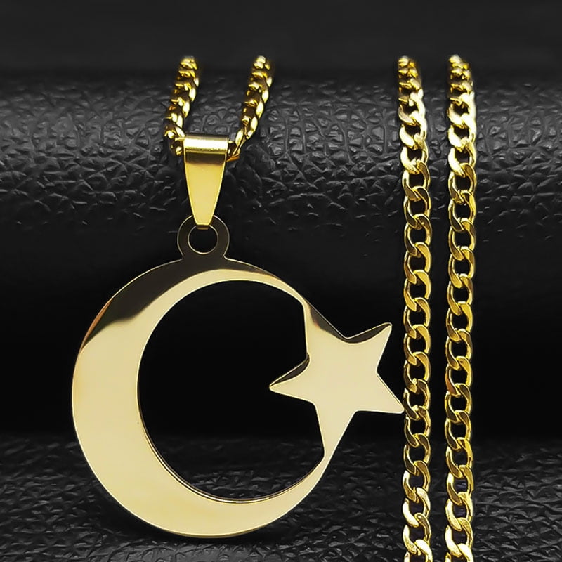 Muslim Islam Moon Star 14K Yellow Gold Chain Necklaces for Men's And ...