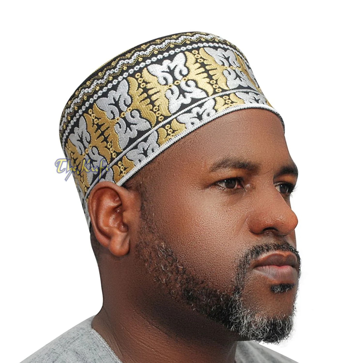 Muslim Omani Kufi Hat Black Golden-Brown White Butterfly Motif 4-Inch ...