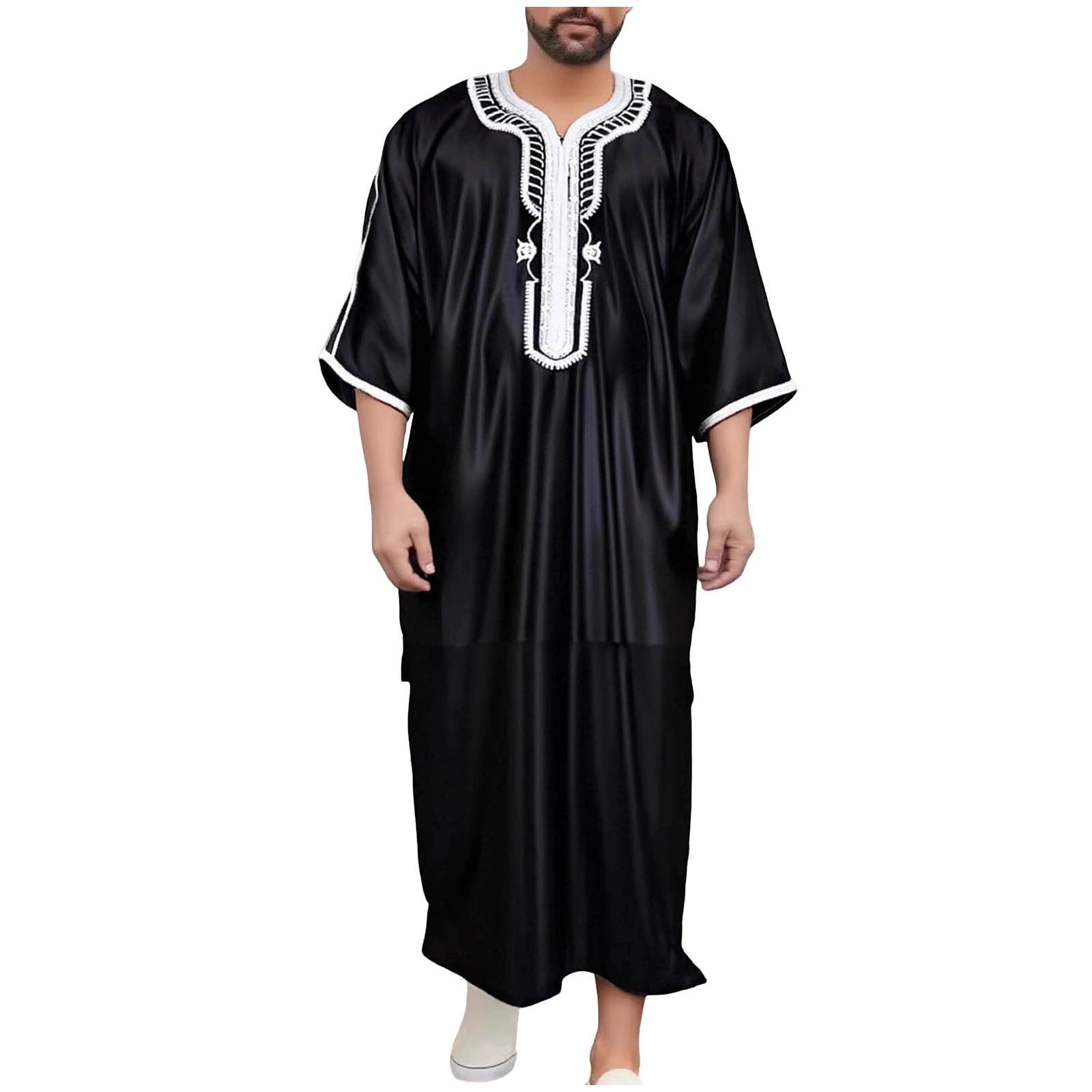 Muslim Robe for Men Arab Long Sleeve Embroidered Kaftan Islamic Arabic ...