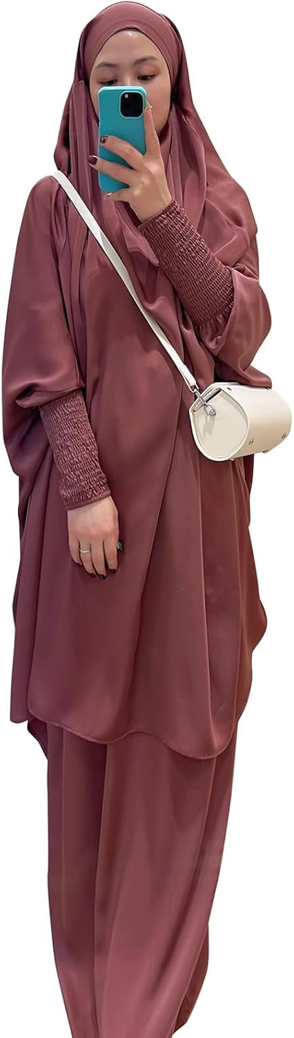 Muslim Women Abaya Two Pieces Set Prayer Dress Elasticated Sleeves ...