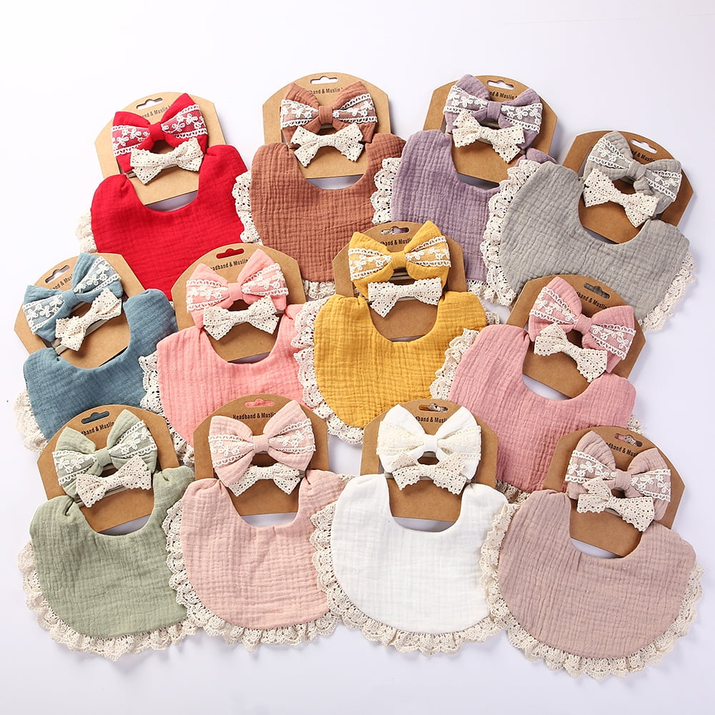 Muslin Baby Teething Drool with Bow Headband Feeding Cloth Bibs For ...