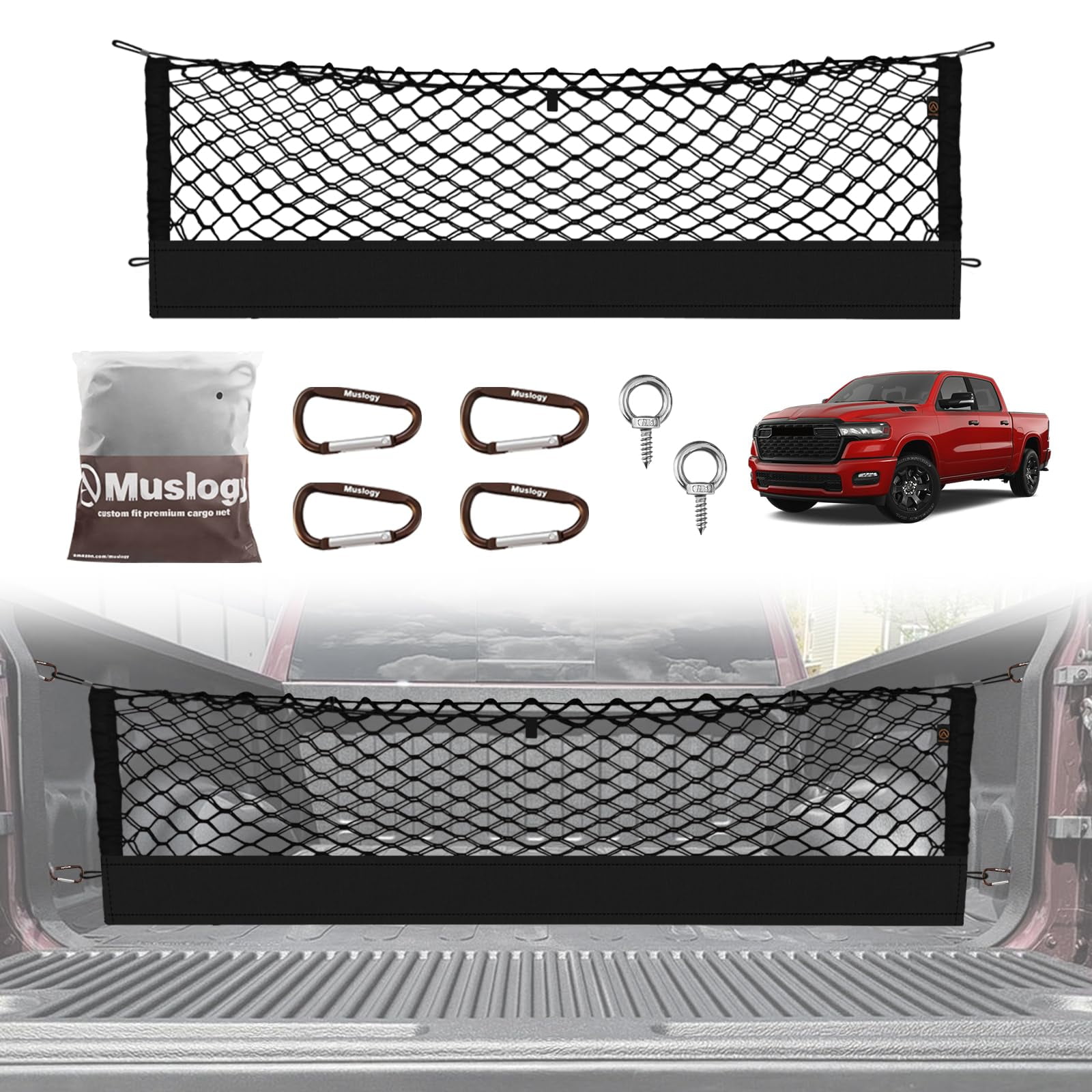 Muslogy Truck Bed Cargo RRF12 Net Compatible with Dodge Ram 1500 2019 ...