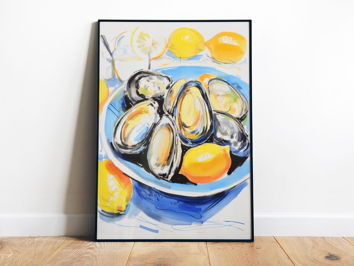 Mussels Art Print Blue And Yellow Kitchen Wall Art Vintage Style Food ...