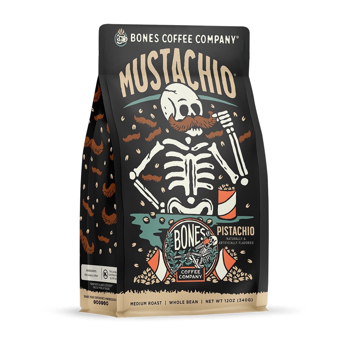 Bones Coffee Company Mustachio Pistachio Falvored Coffee| 12oz Ground ...