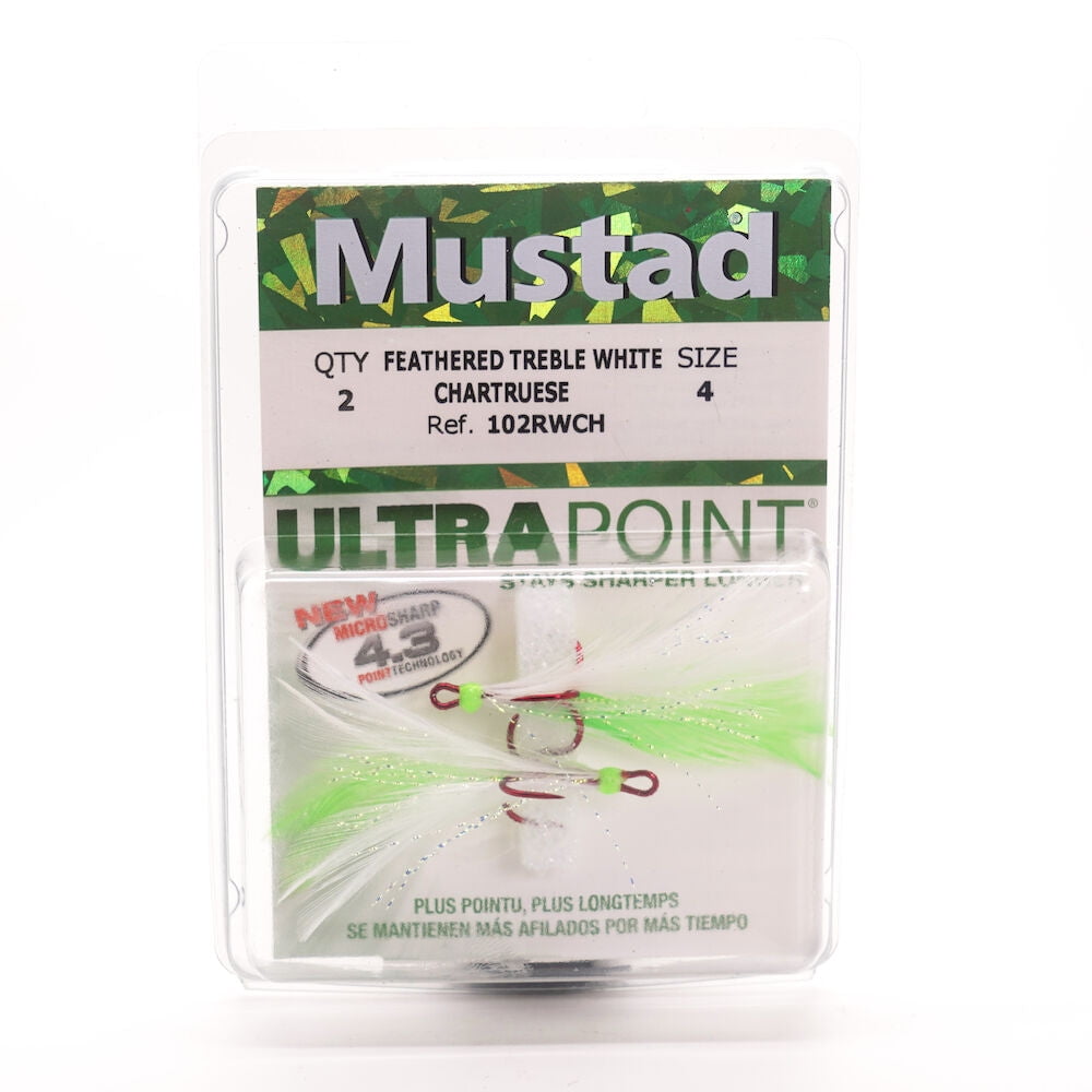 Mustad 102RWCH-2-2U Dressed Treble - Red Hook / White, Chart. Feathers ...