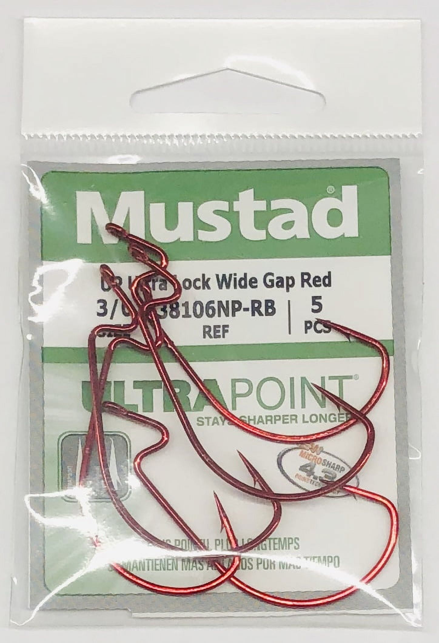 Mustad Ultra Lock Soft Plastics Hook Red Size 1/0 6pc Wide Gap Offset ...