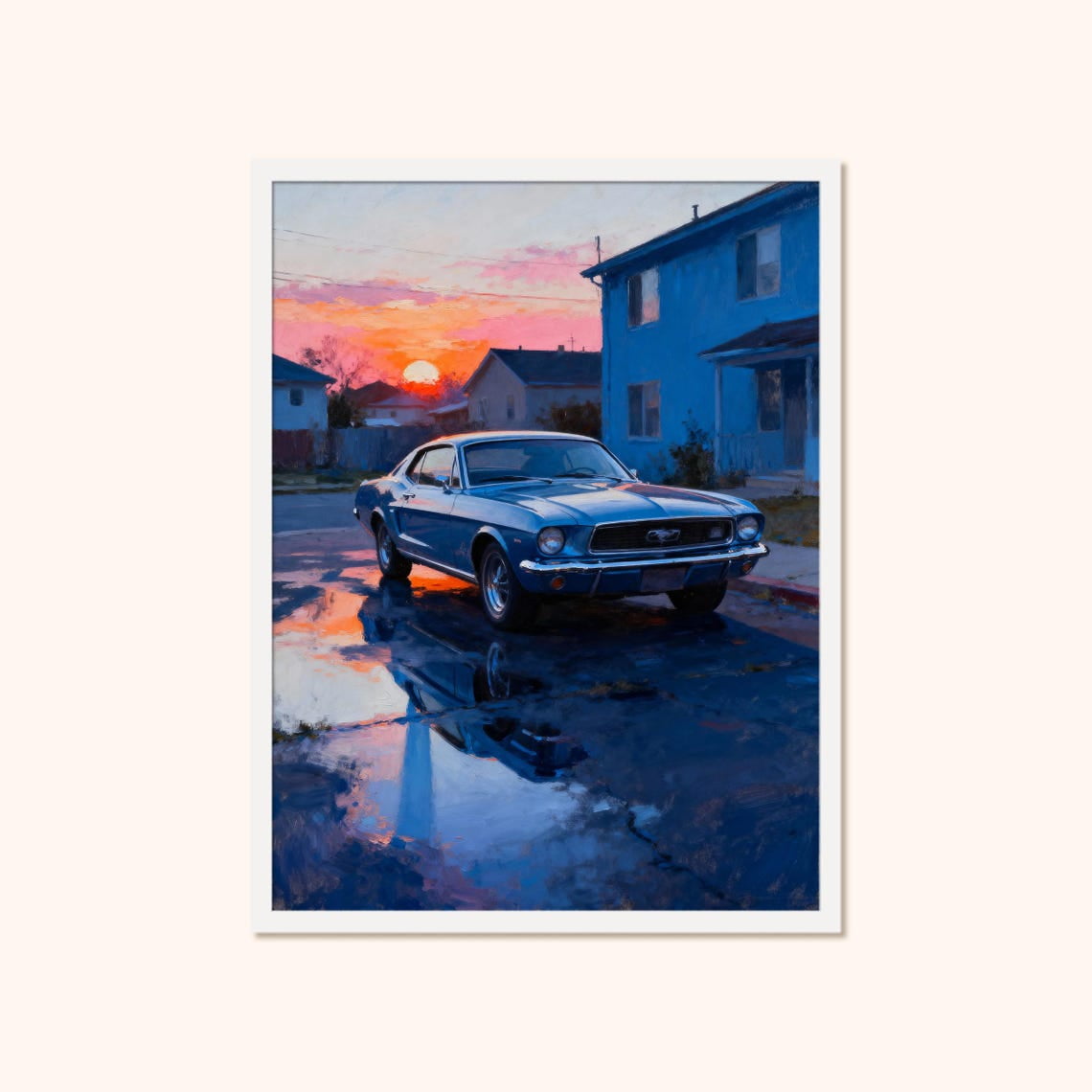 Mustang Wall Art, Blue Vintage Muscle Car At Sunset Poster, Unframed ...