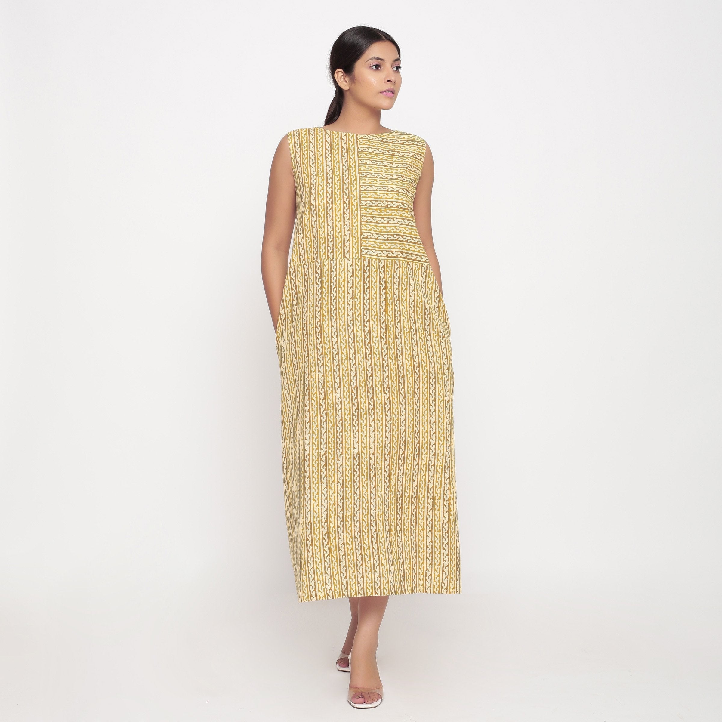 Mustard Block Print Cotton Shift Maxi Dress - Walmart.com