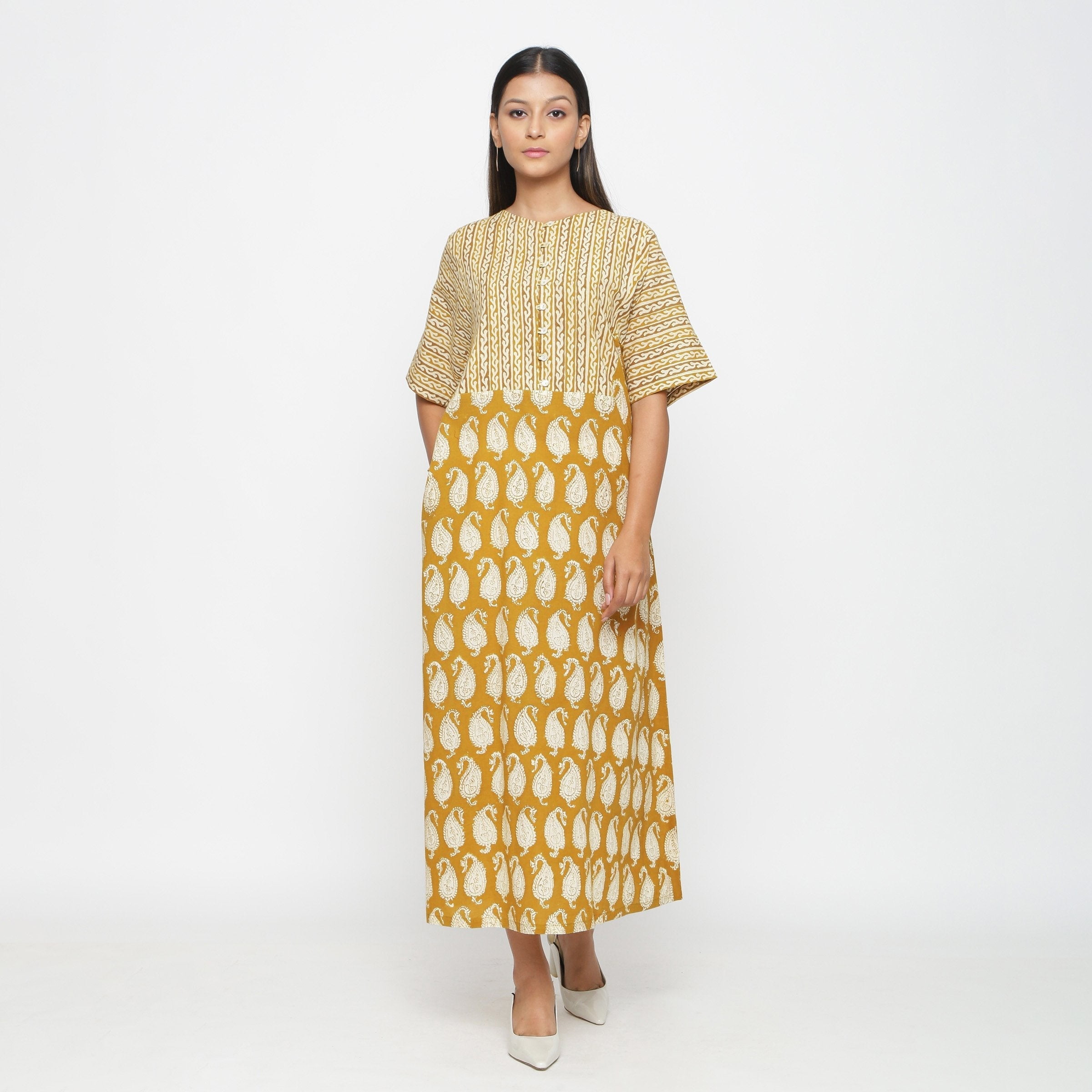 Mustard Block Printed Cotton Ankle Length Snug Dress - Walmart.com