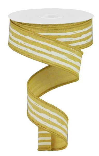 Mustard Cream Ivory Irregular Stripes Wired Edge Ribbon | Farmhouse | 1 ...