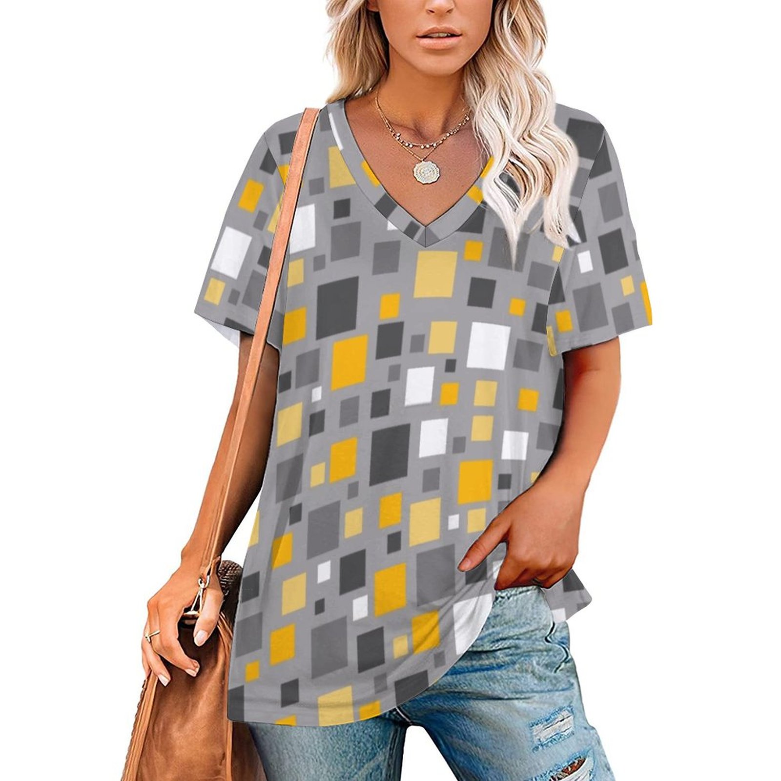 Mustard Yellow And Grey Squares Pixel Polka Dot New Fashion Zip Off ...