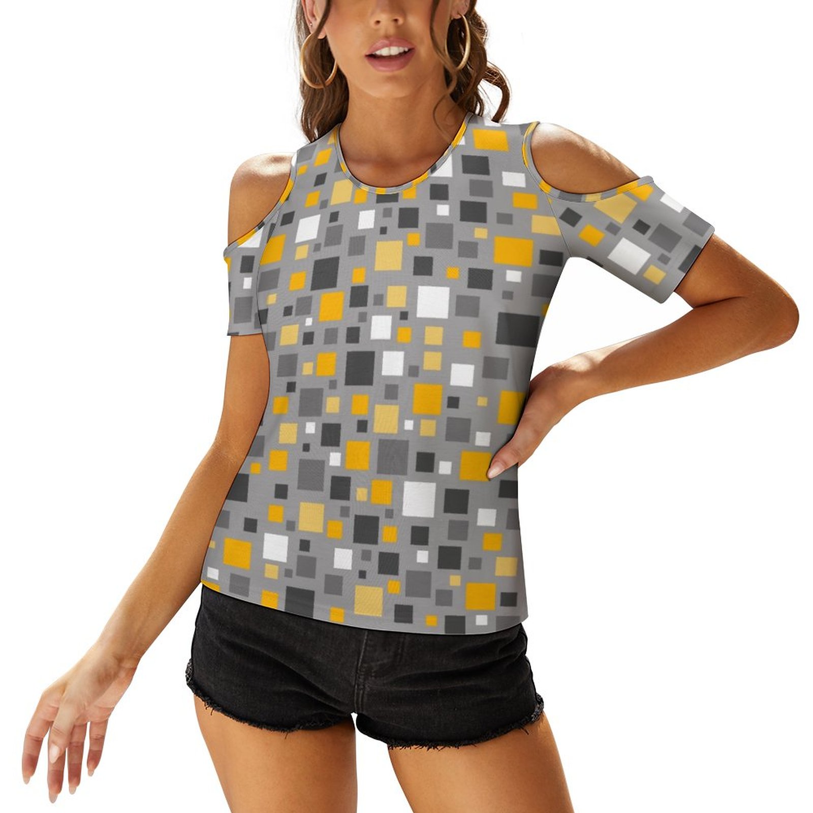 Mustard Yellow And Grey Squares Pixel Polka Dot New Fashion Zip Off ...
