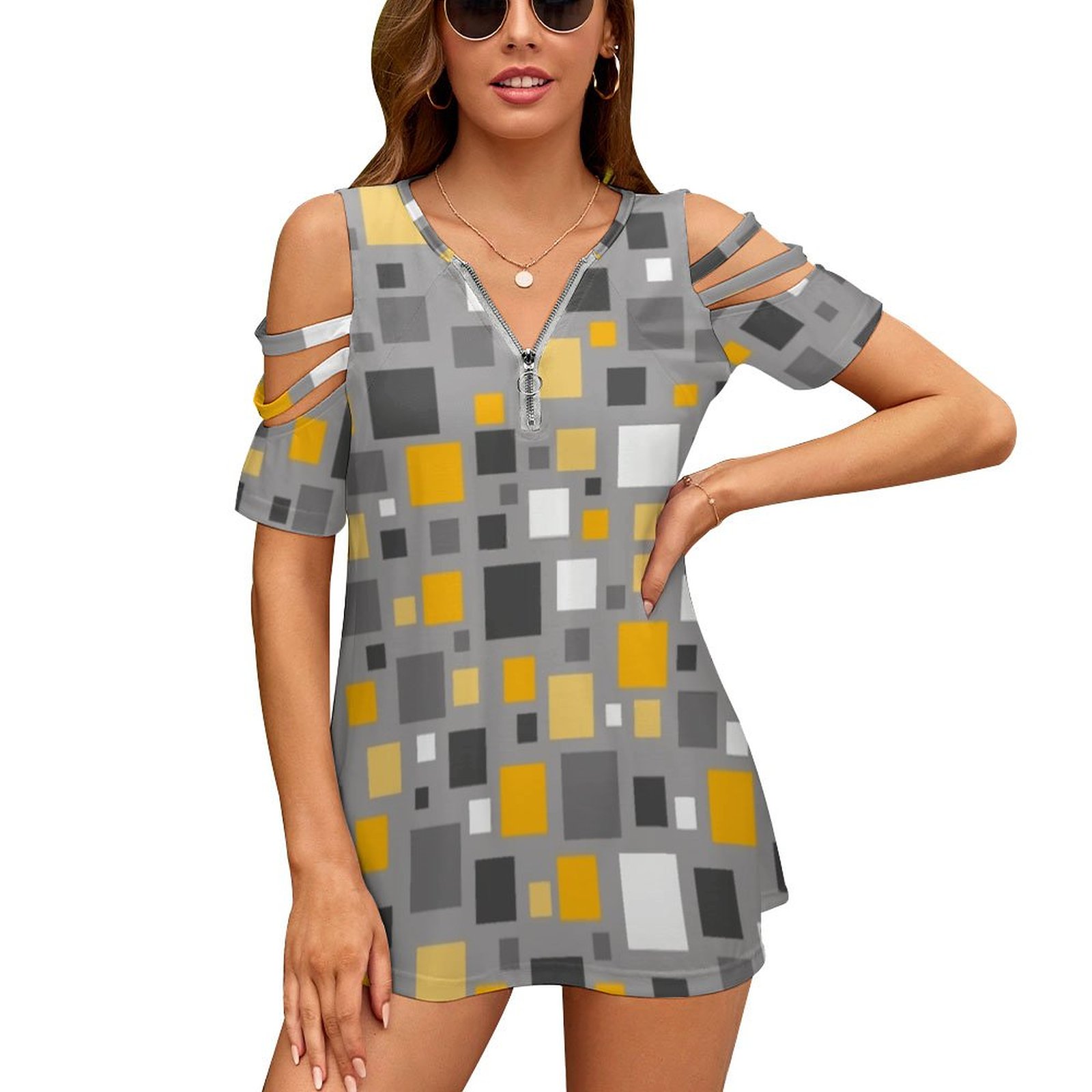 Mustard Yellow And Grey Squares Pixel Polka Dot New Fashion Zip Off ...