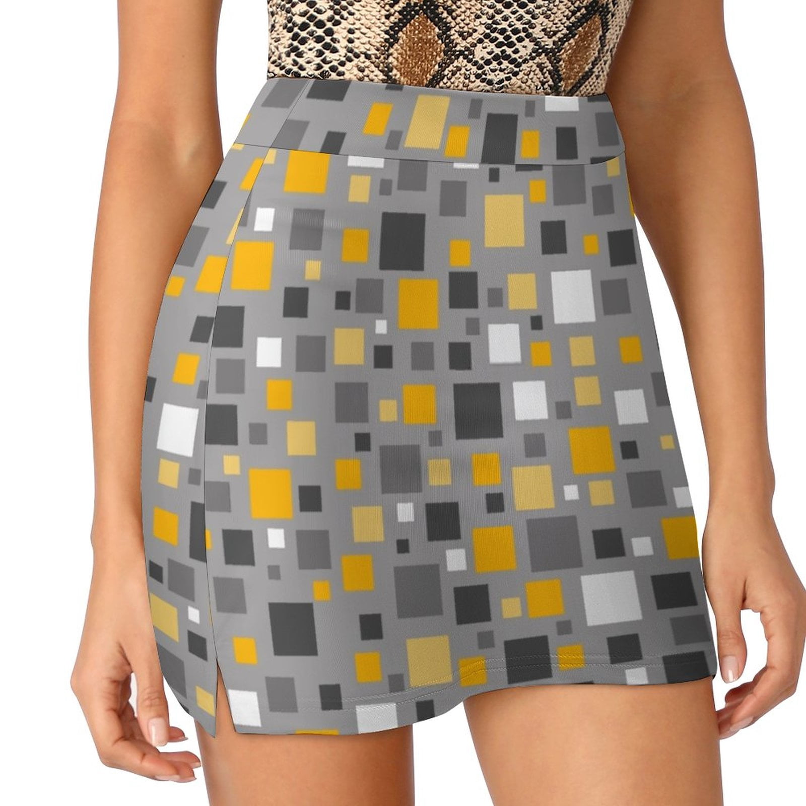 Mustard Yellow And Grey Squares Pixel Polka Dot Women's skirt Sport ...