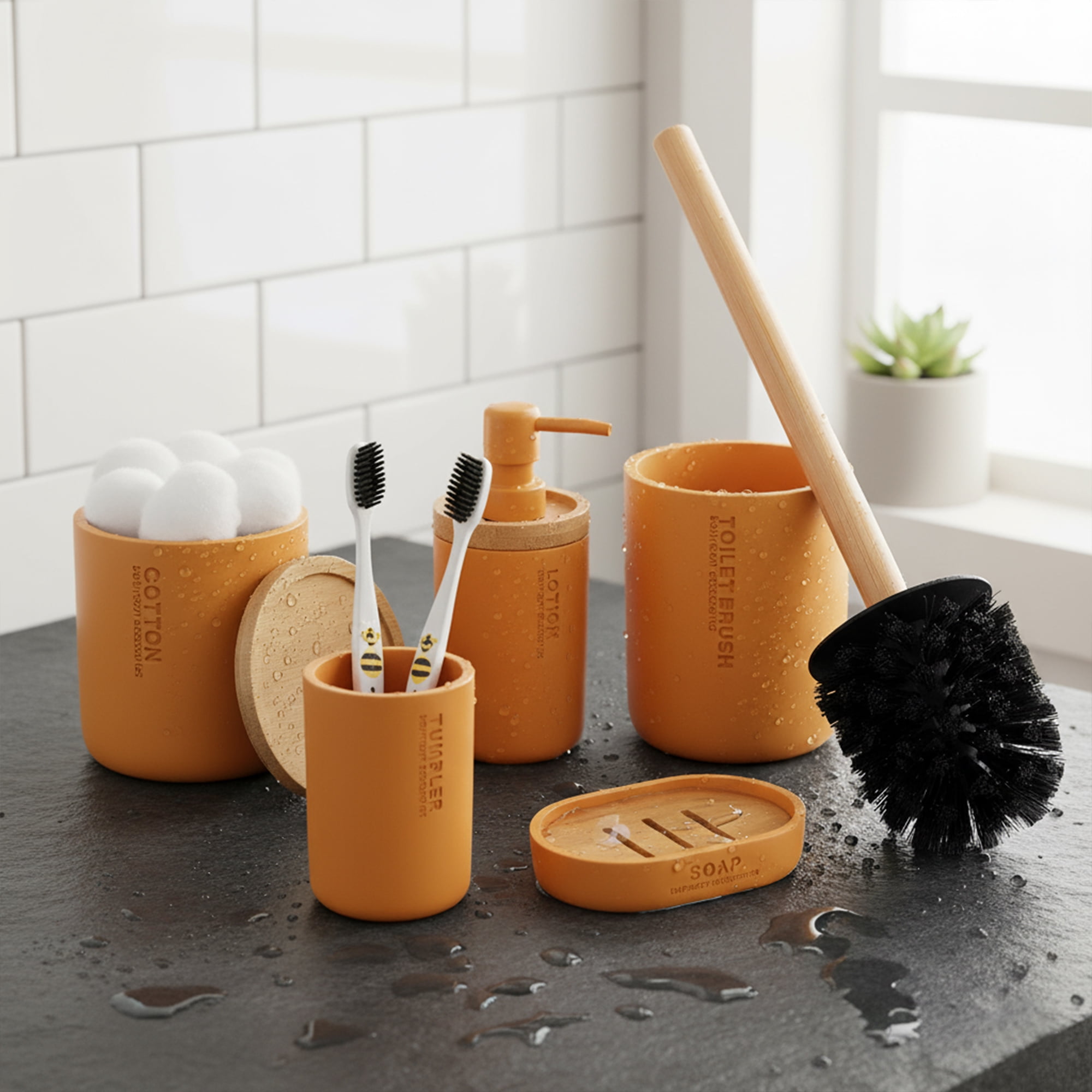 Mustard Yellow Bathroom Essentials Set with Natural Bamboo - 5 pieces ...