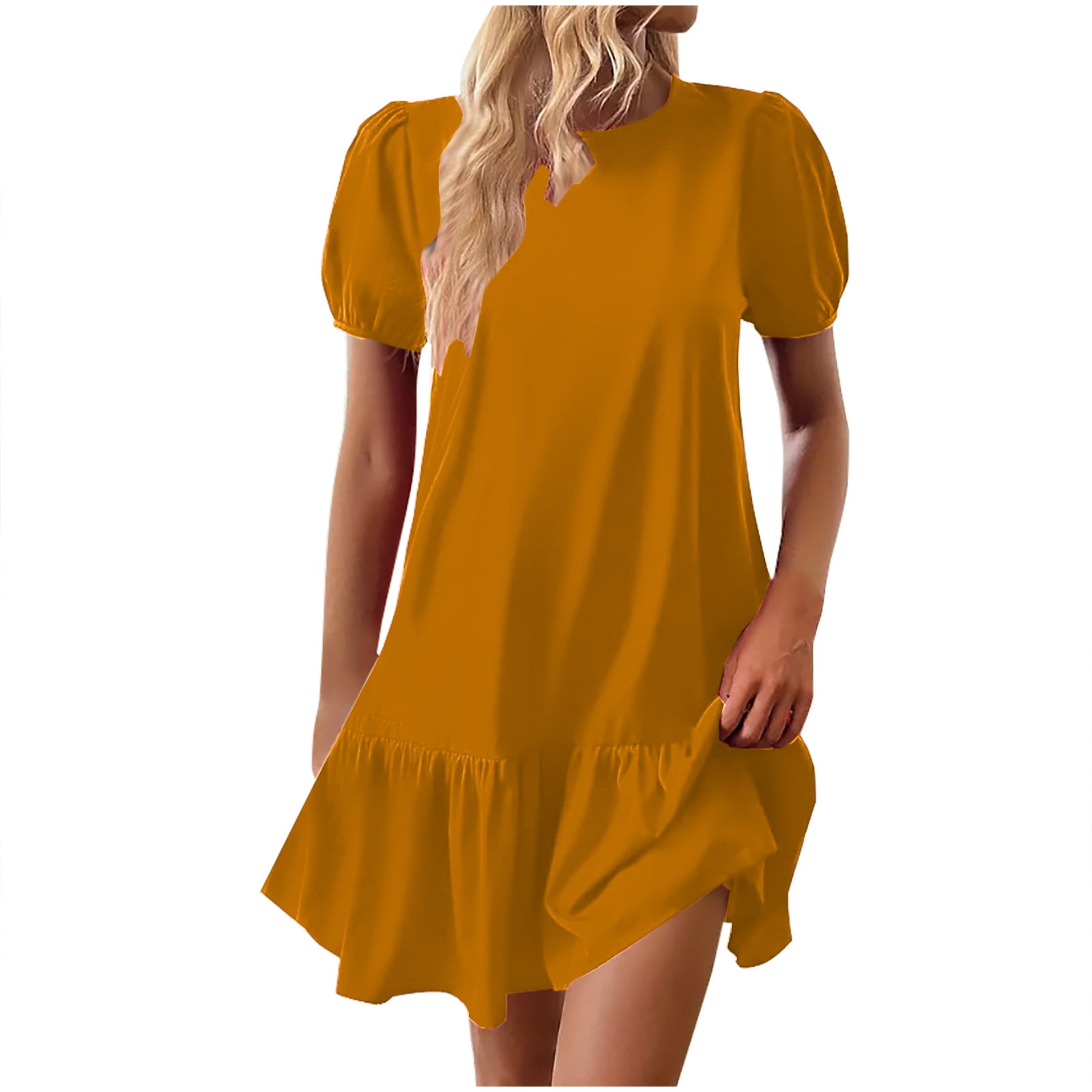 Mustard Yellow Boat Neck for Women Fall Summer Short Puff Sleeve Long ...