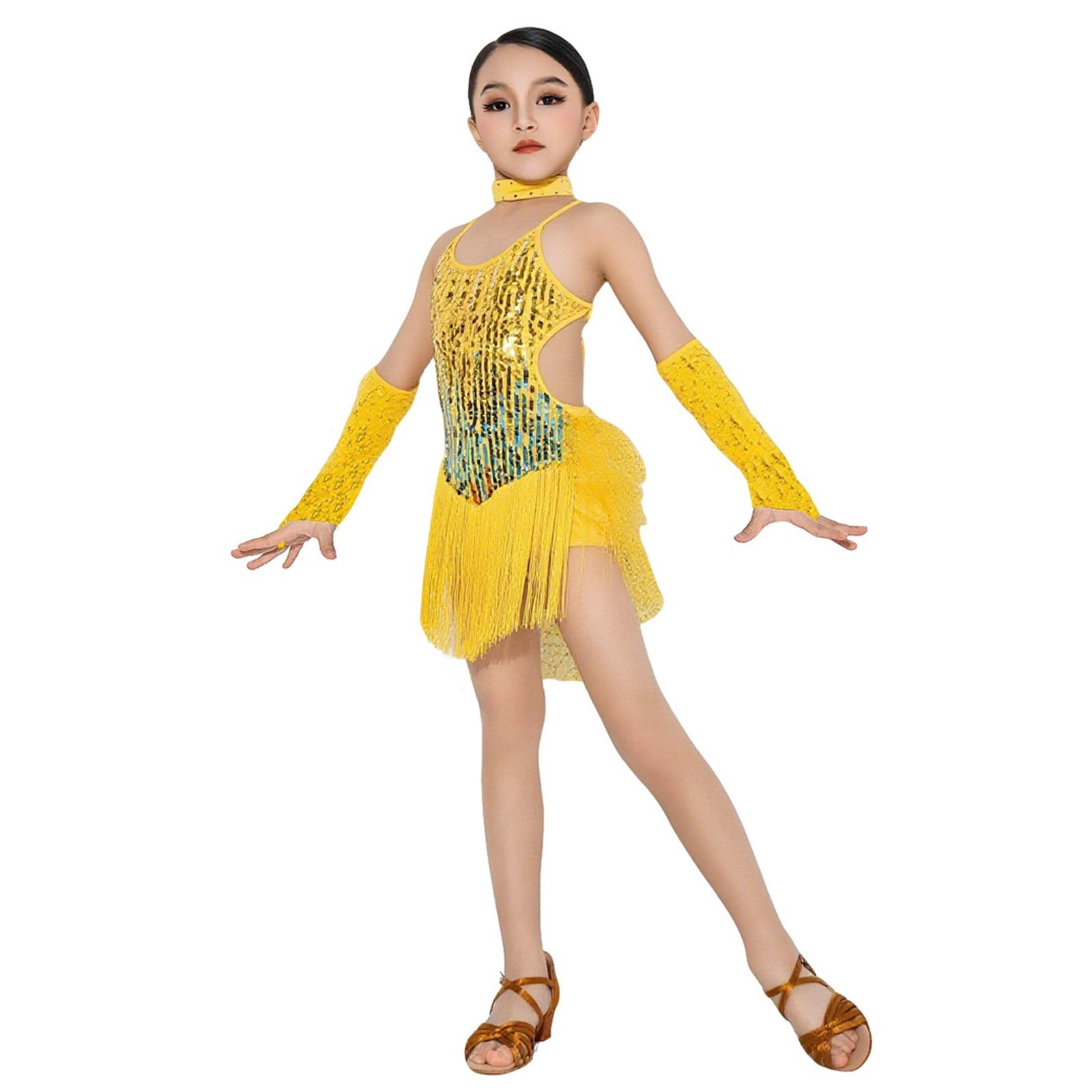 Mustard Yellow Boy Girl Sequin Sparkle Fringe Dance Cosplay Costumes ...