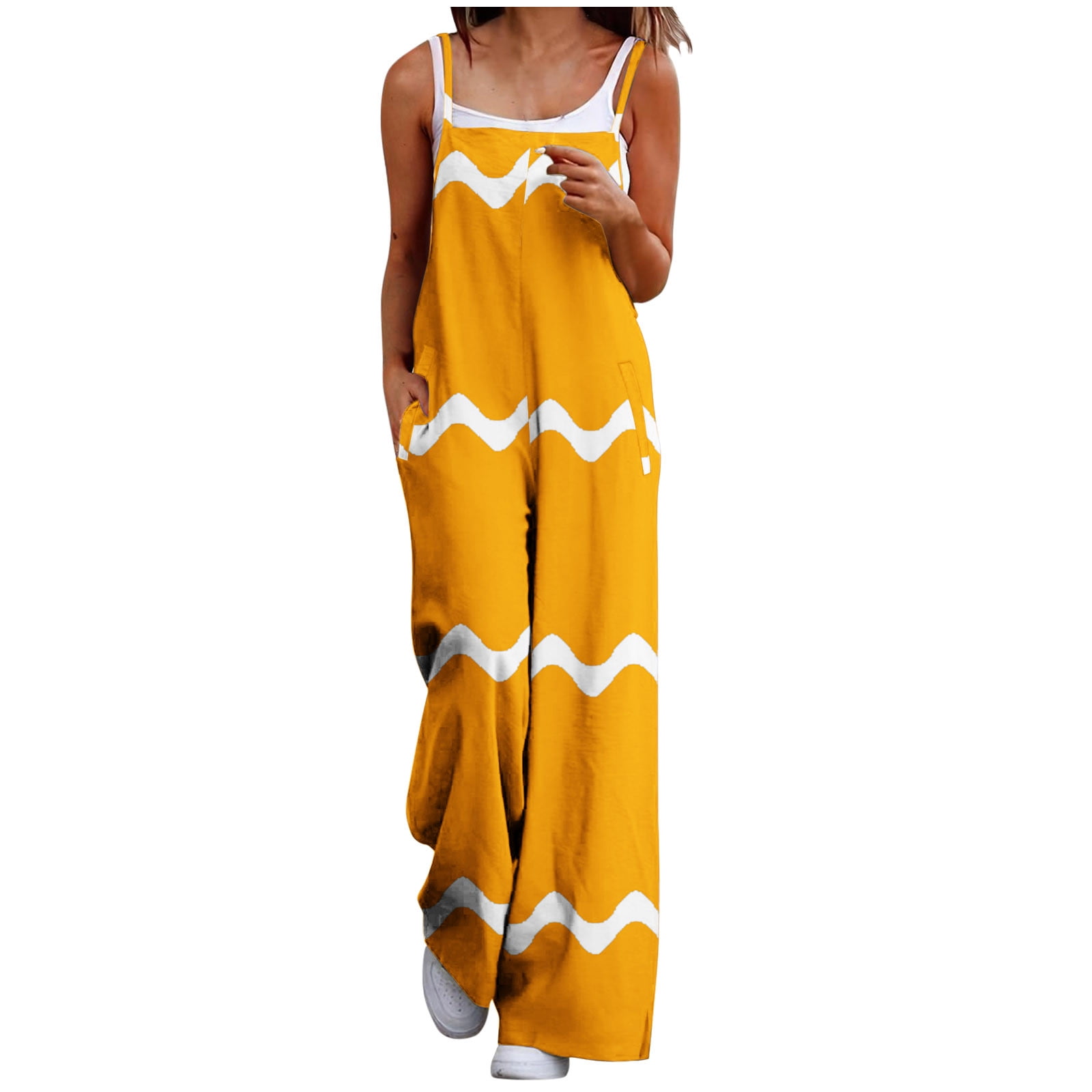 Mustard Yellow Casual Coveralls for Women Fall Summer Loose Fit Striped ...