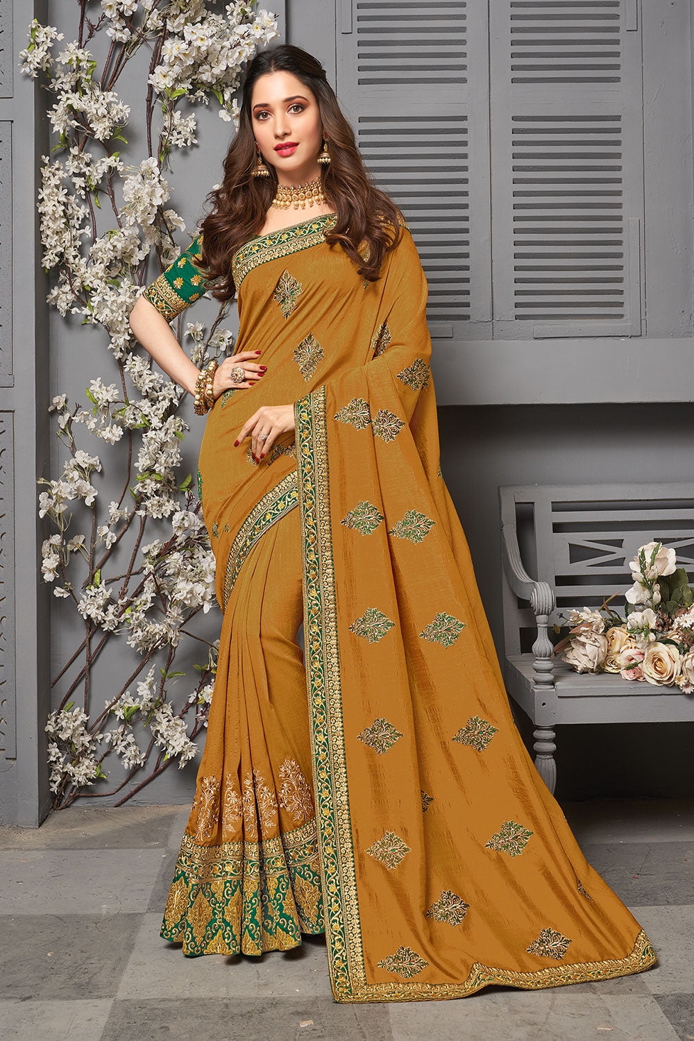 Mustard Yellow Embroidered Saree - Walmart.com