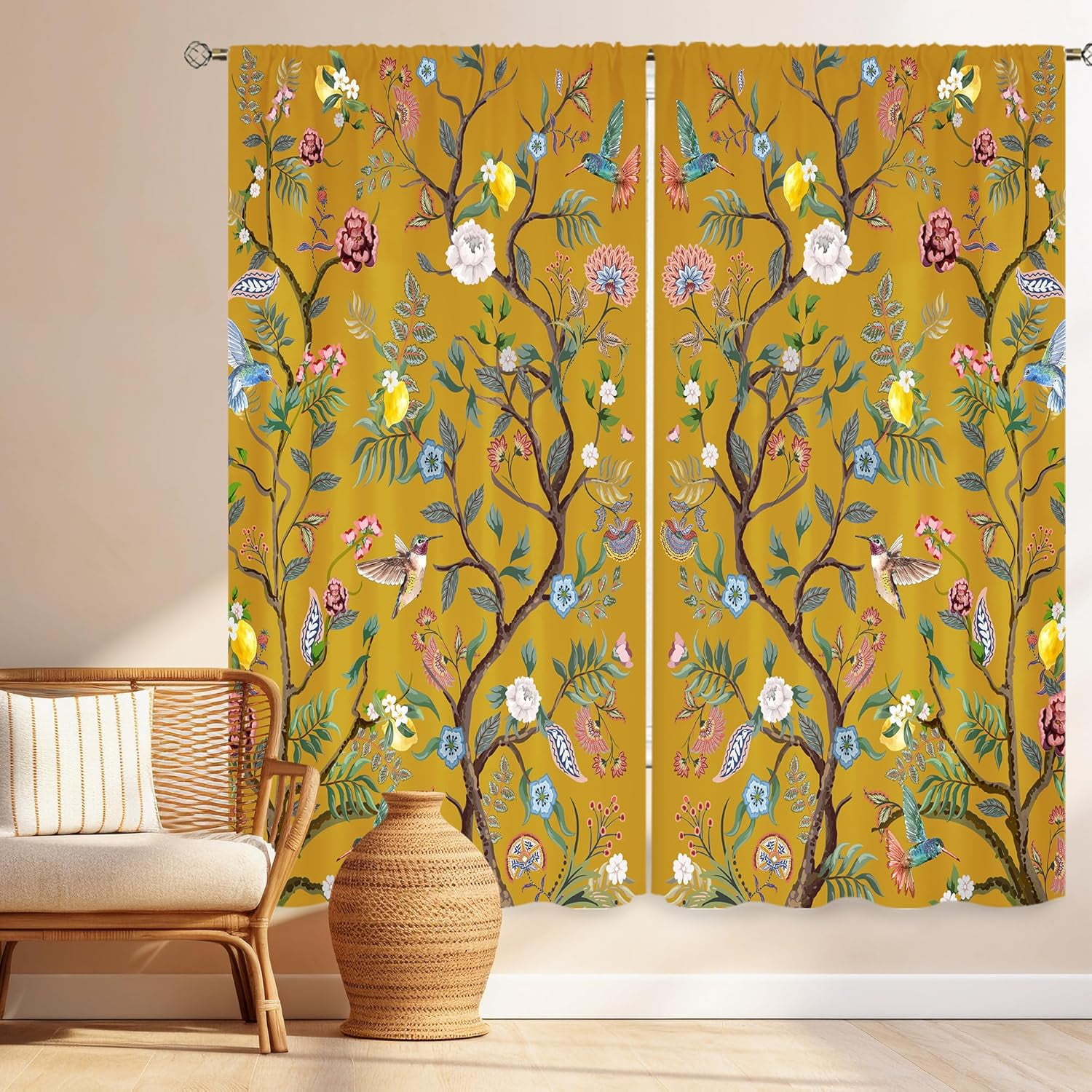 Mustard Yellow Floral Curtains for Women Bedroom 42Wx63H Inch Rod ...