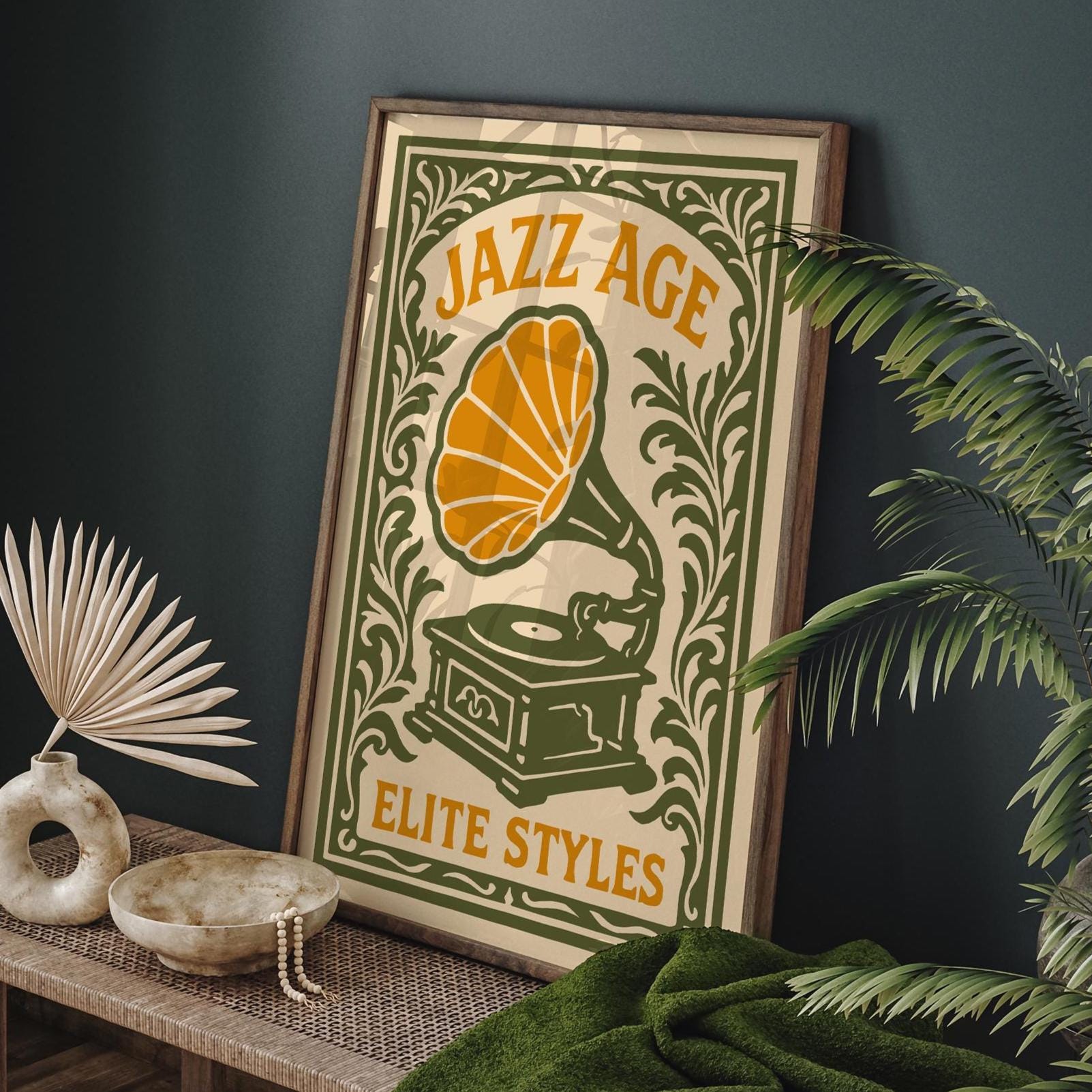 Mustard Yellow & Green Vintage Gramophone Print – Jazz Age Music Wall ...