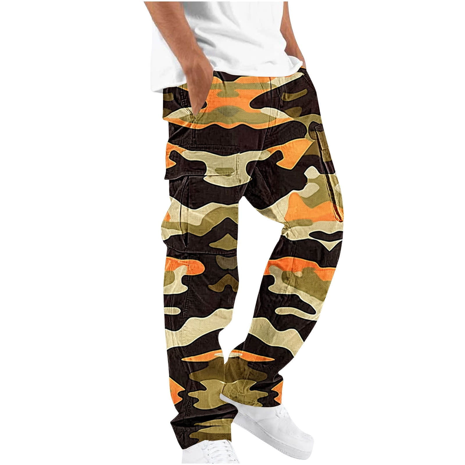 Mustard Yellow Loose Fit Pants for Mens Fall Summer Cargo Camo Pleated ...