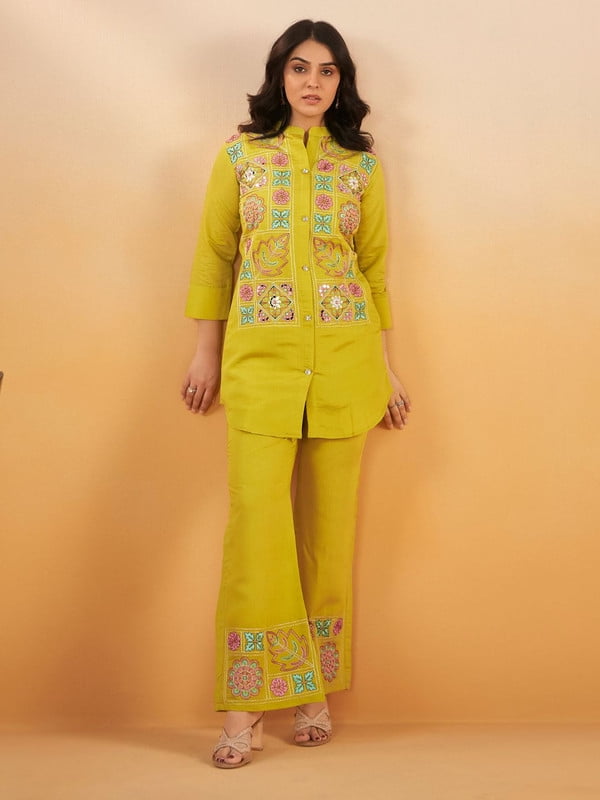 Mustard Yellow Multi-Thread Embroidered Viscose Silk Co-Ord Set ...